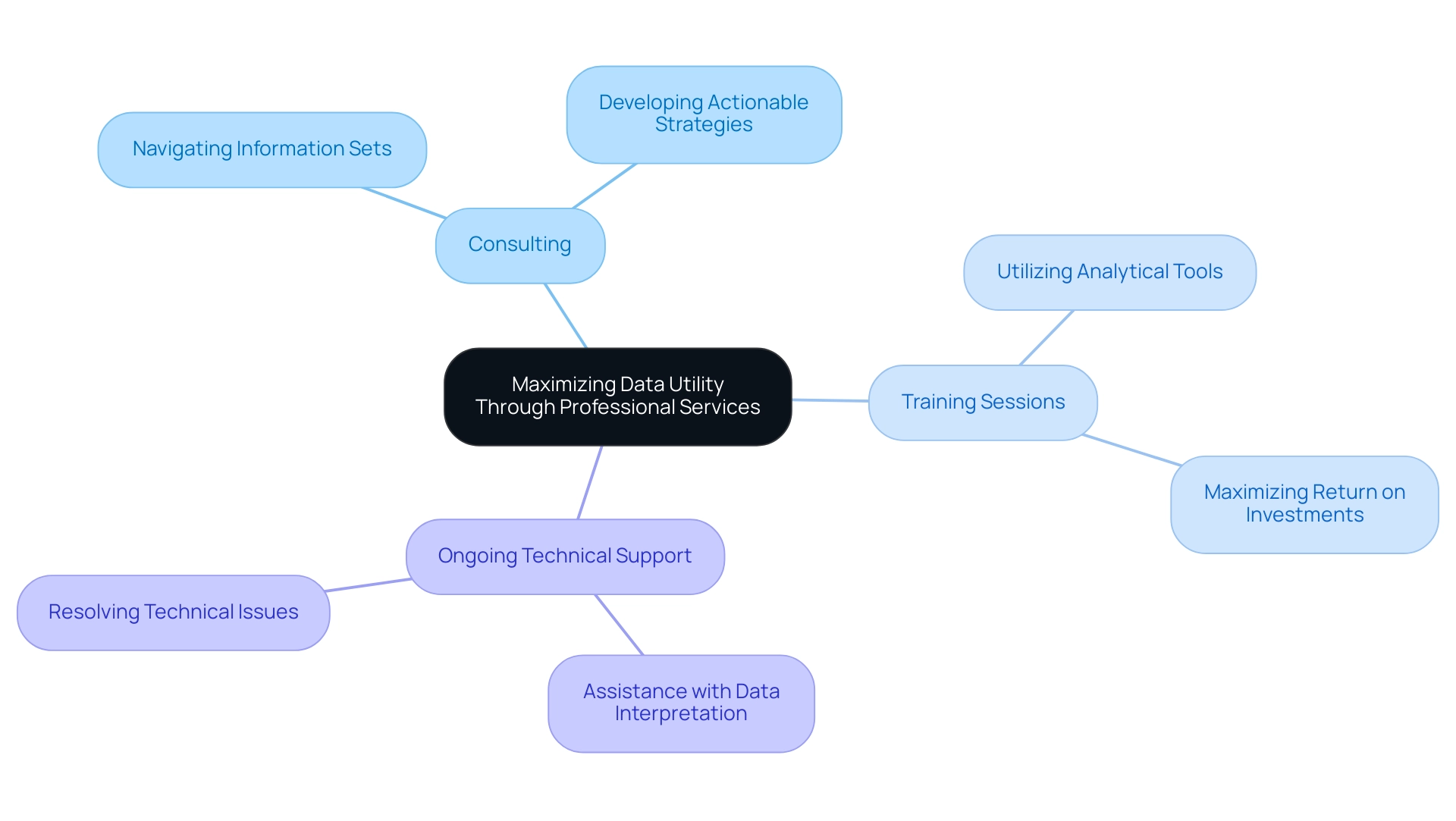 The central node represents the overarching theme, with branches for each type of professional service and subcategories detailing their specific contributions.