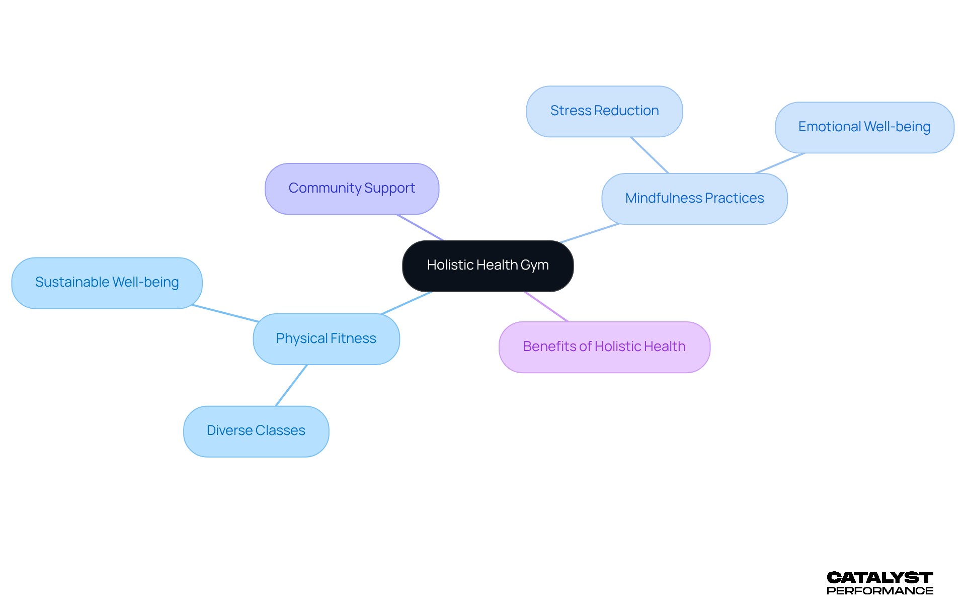 This mindmap shows how Holistic Health Gym integrates body and mind for overall wellness. Each branch represents a key aspect of the gym's philosophy, helping you see how everything connects to support your health journey.