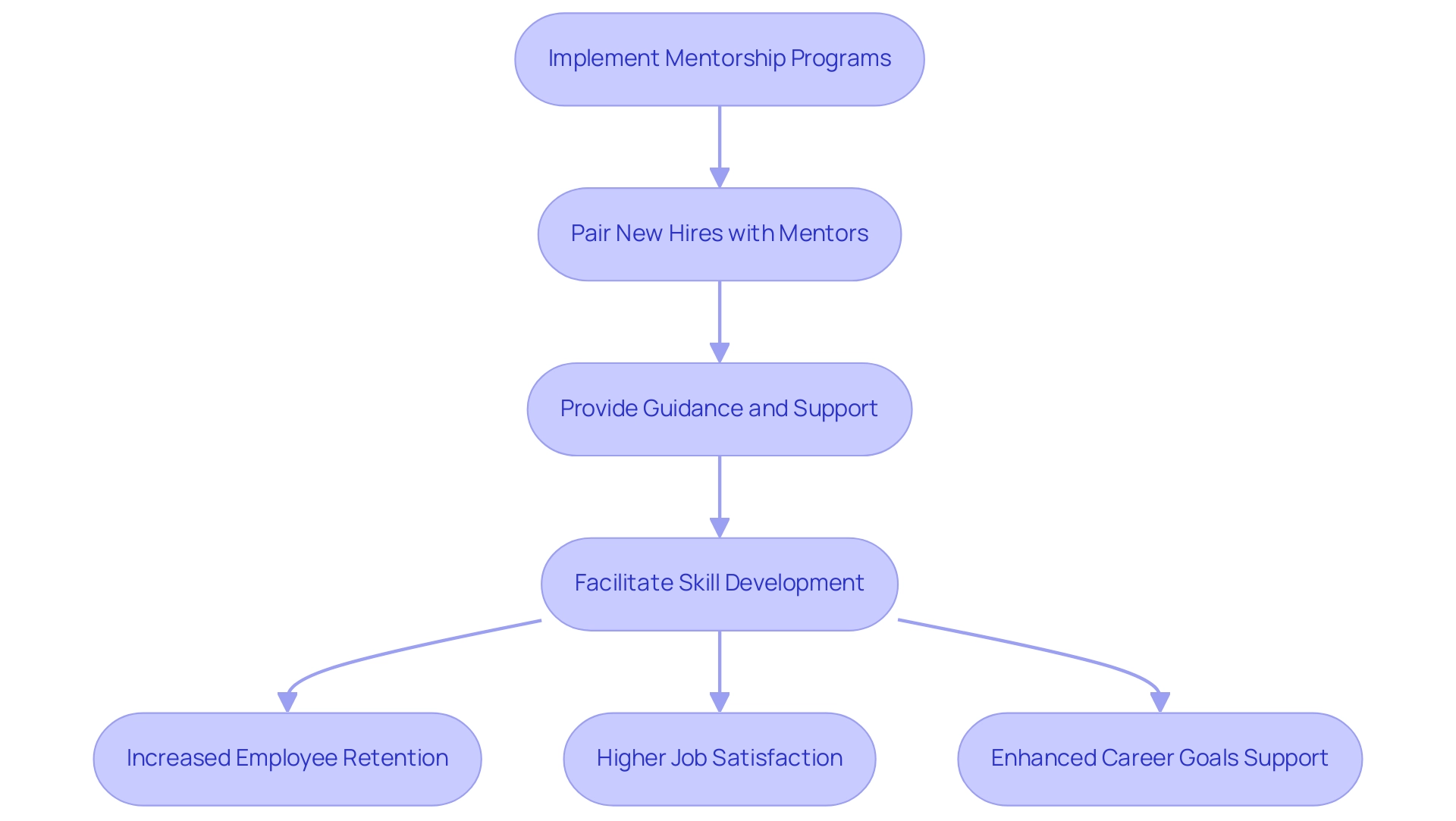 Boxes represent steps in the mentorship process (green for steps, blue for outcomes), and arrows indicate the progression and relationships between each stage.