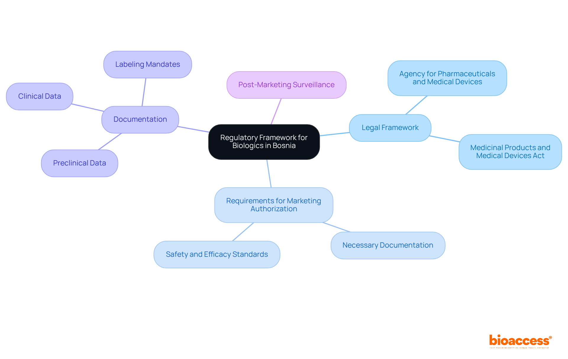 The central node represents the main topic, while branches show different aspects of the regulatory framework. Each sub-branch provides specific details that are important for understanding the requirements for biologics marketing authorization.