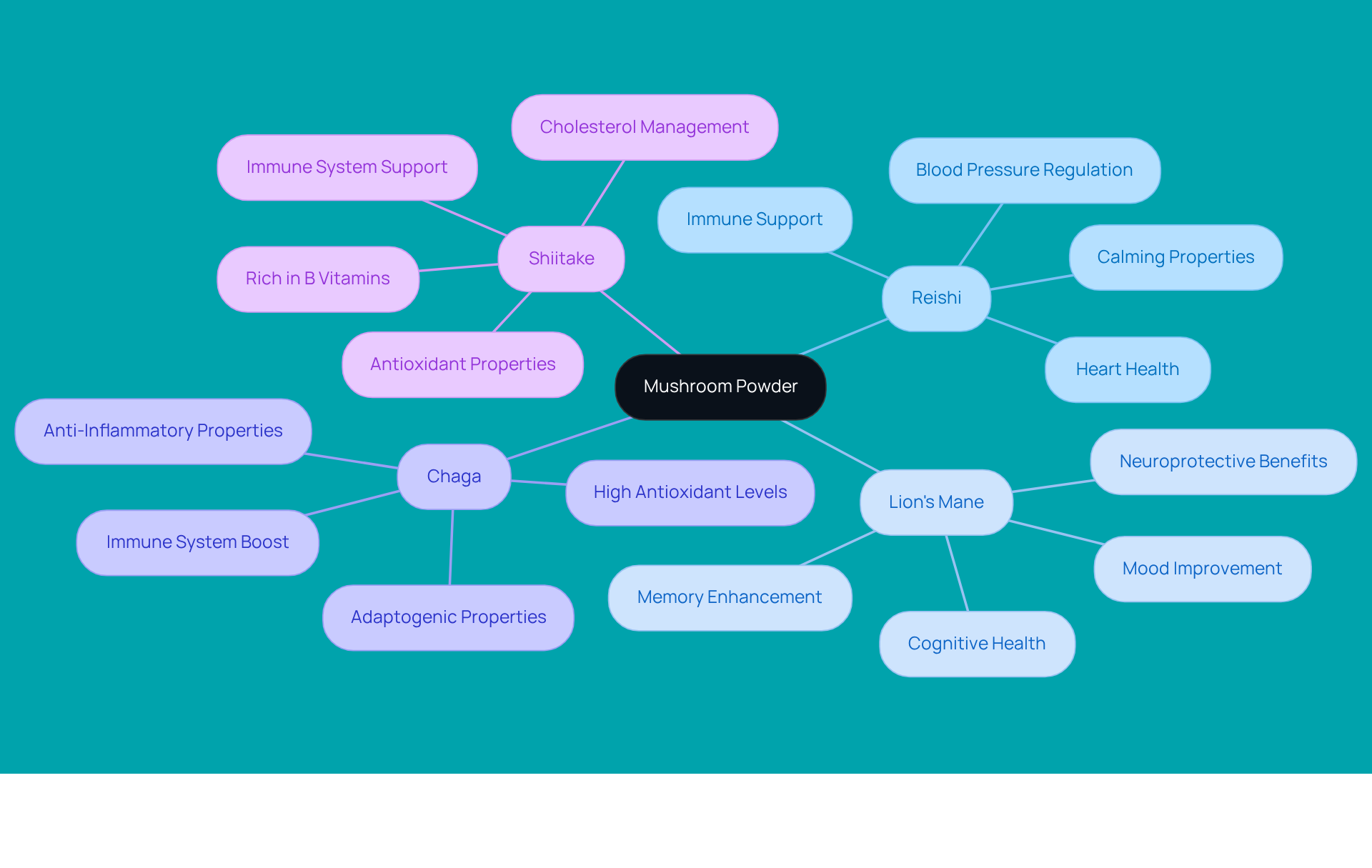 The central node represents mushroom powder, while each branch shows a different type of mushroom. The sub-branches highlight the unique health benefits associated with each type, making it easy to understand how they contribute to wellness.