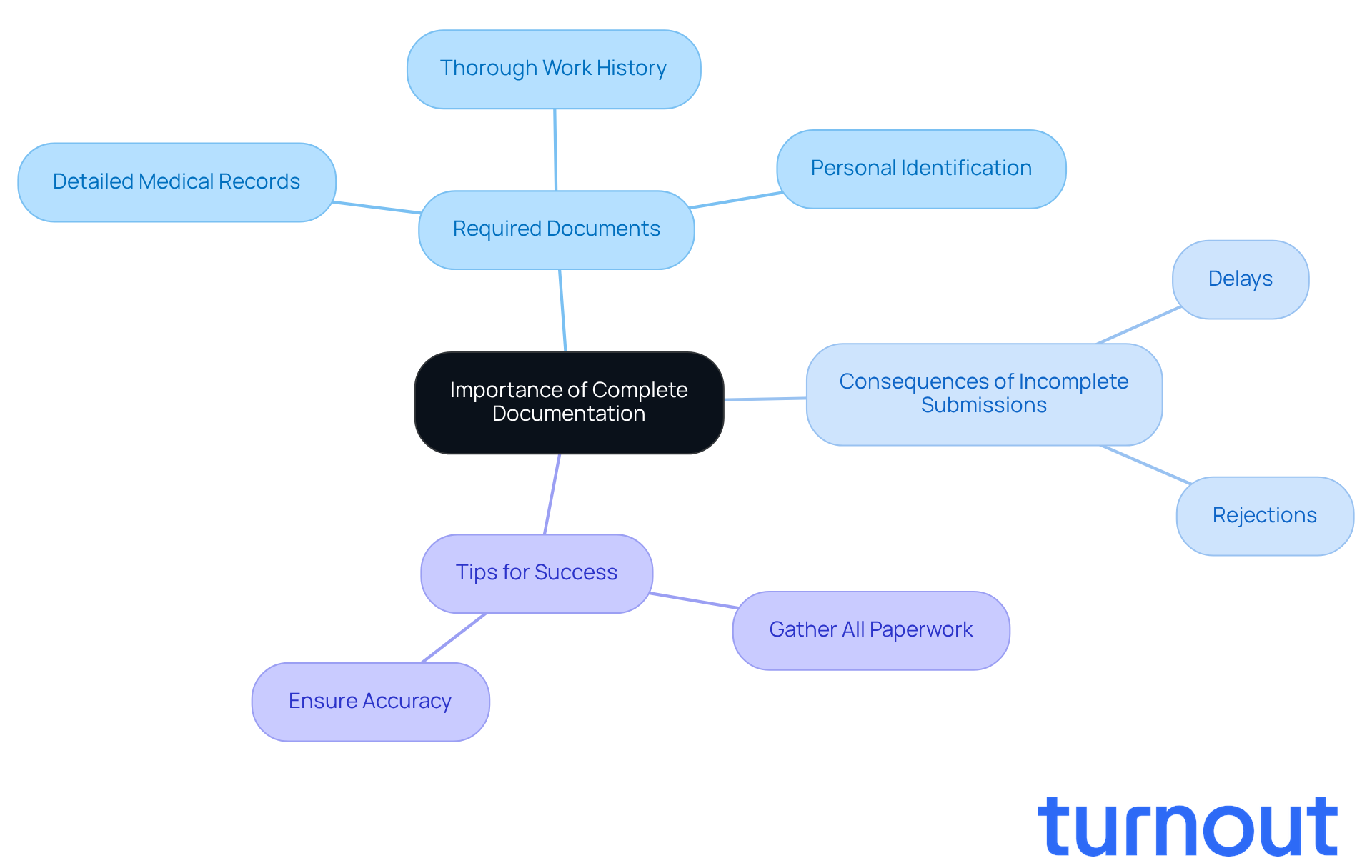 The center shows the main idea about documentation. Each branch represents a key area: what documents you need, what happens if you don't provide them, and how to succeed in your application.