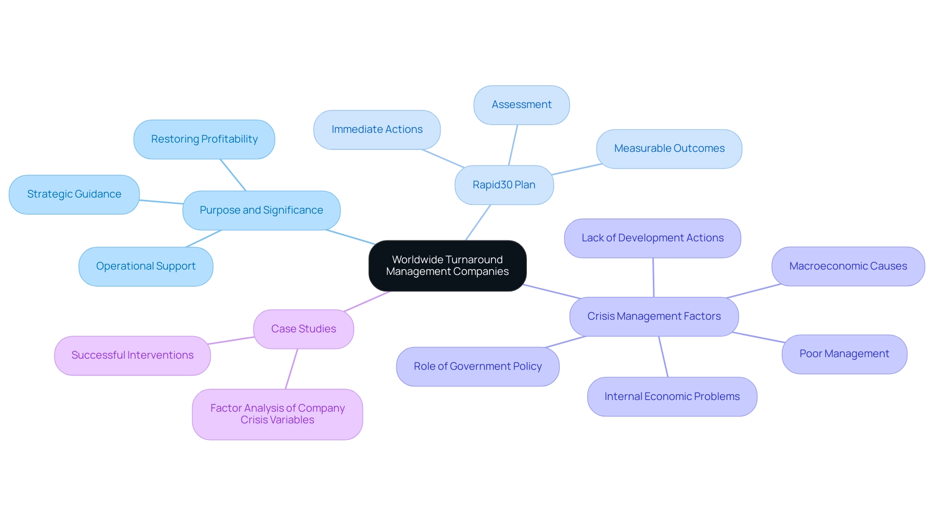 Color-coded branches reflect various aspects: Purpose (blue), Rapid30 Plan (green), Crisis Factors (orange), and Case Studies (purple). Each sub-branch indicates specific components or findings.