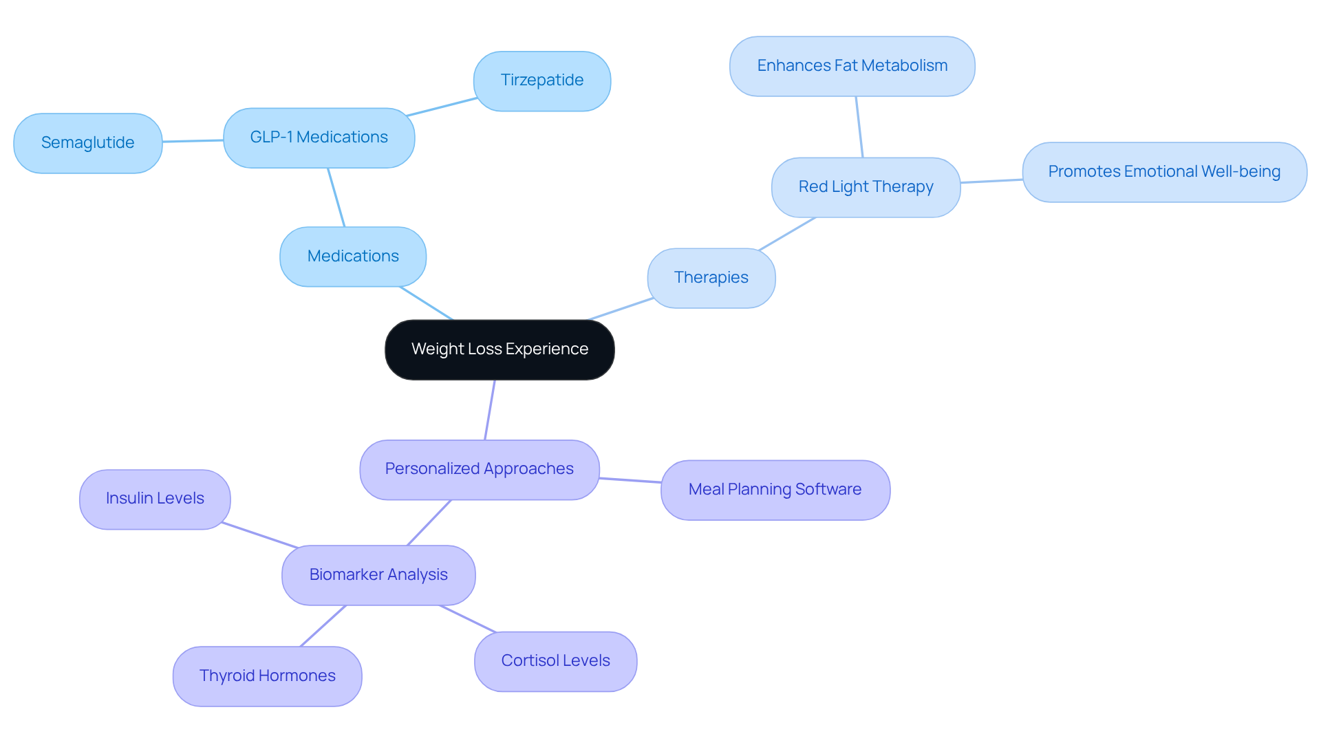 This mindmap illustrates the various components that enhance the weight loss journey. Start at the center with the overall experience, then explore how medications, therapies, and personalized approaches work together to support your goals.