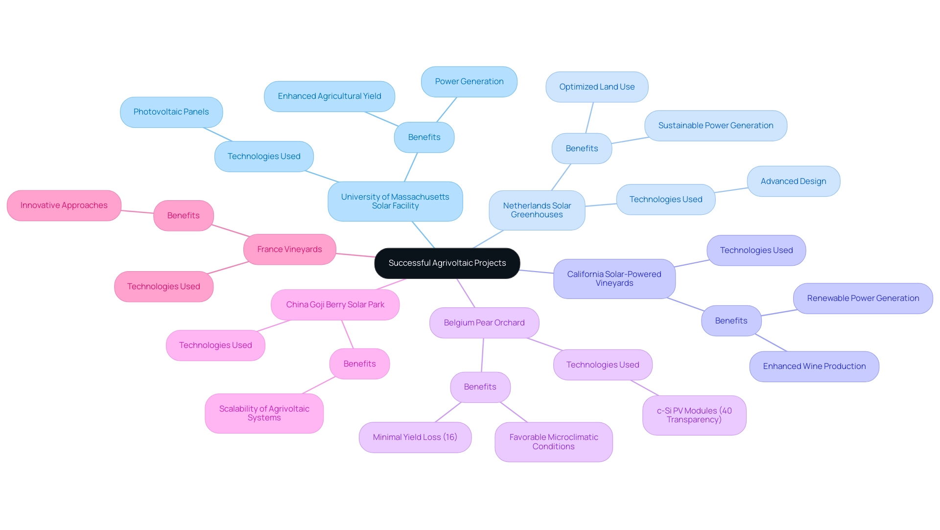 The central node represents the theme of agrivoltaics, with branches detailing individual projects and sub-nodes highlighting their specific attributes and contributions.