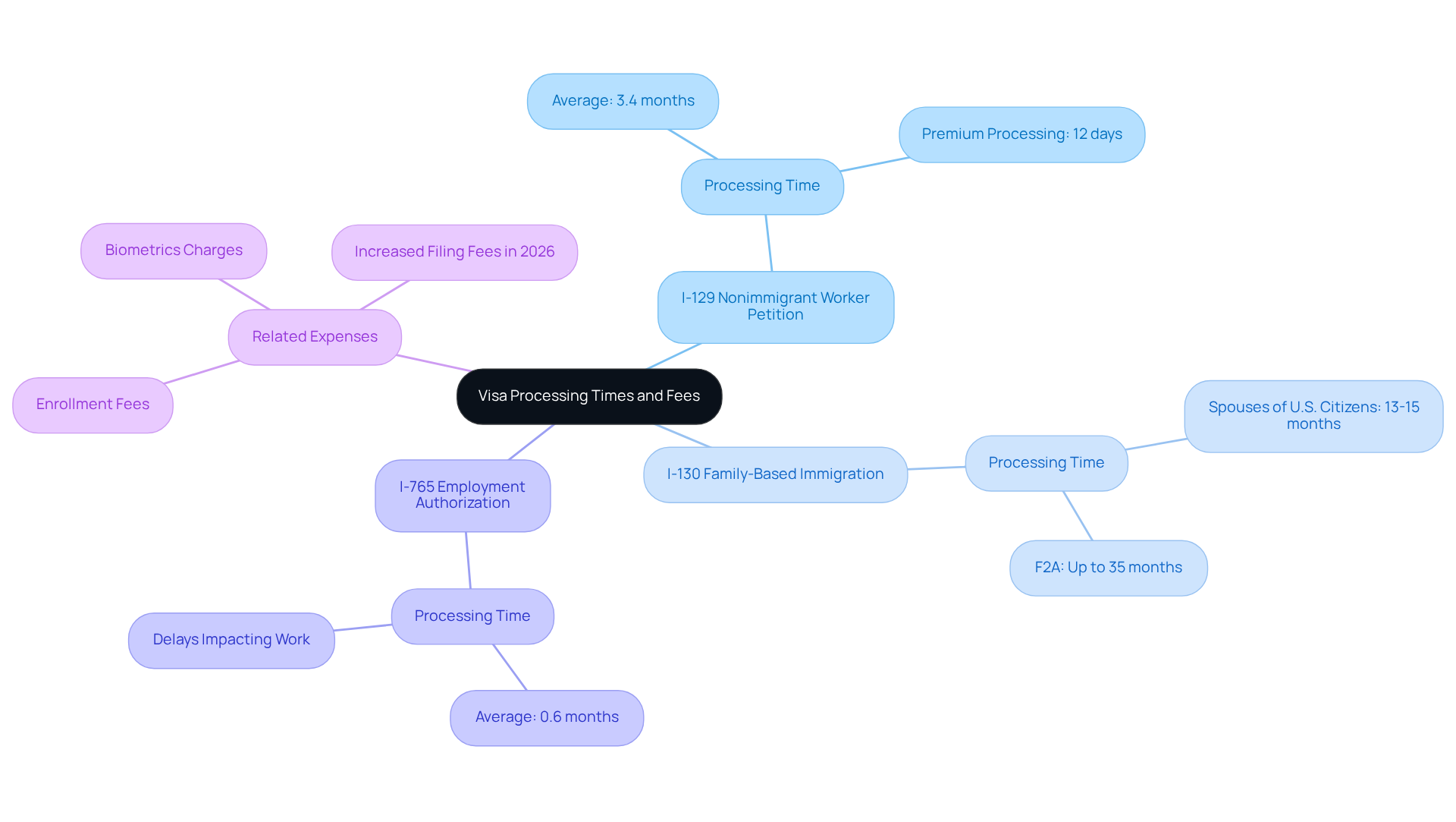 The central node represents the overall topic, while each branch shows a specific visa type and its processing time. The sub-branches provide detailed durations, helping you understand how long each application might take.