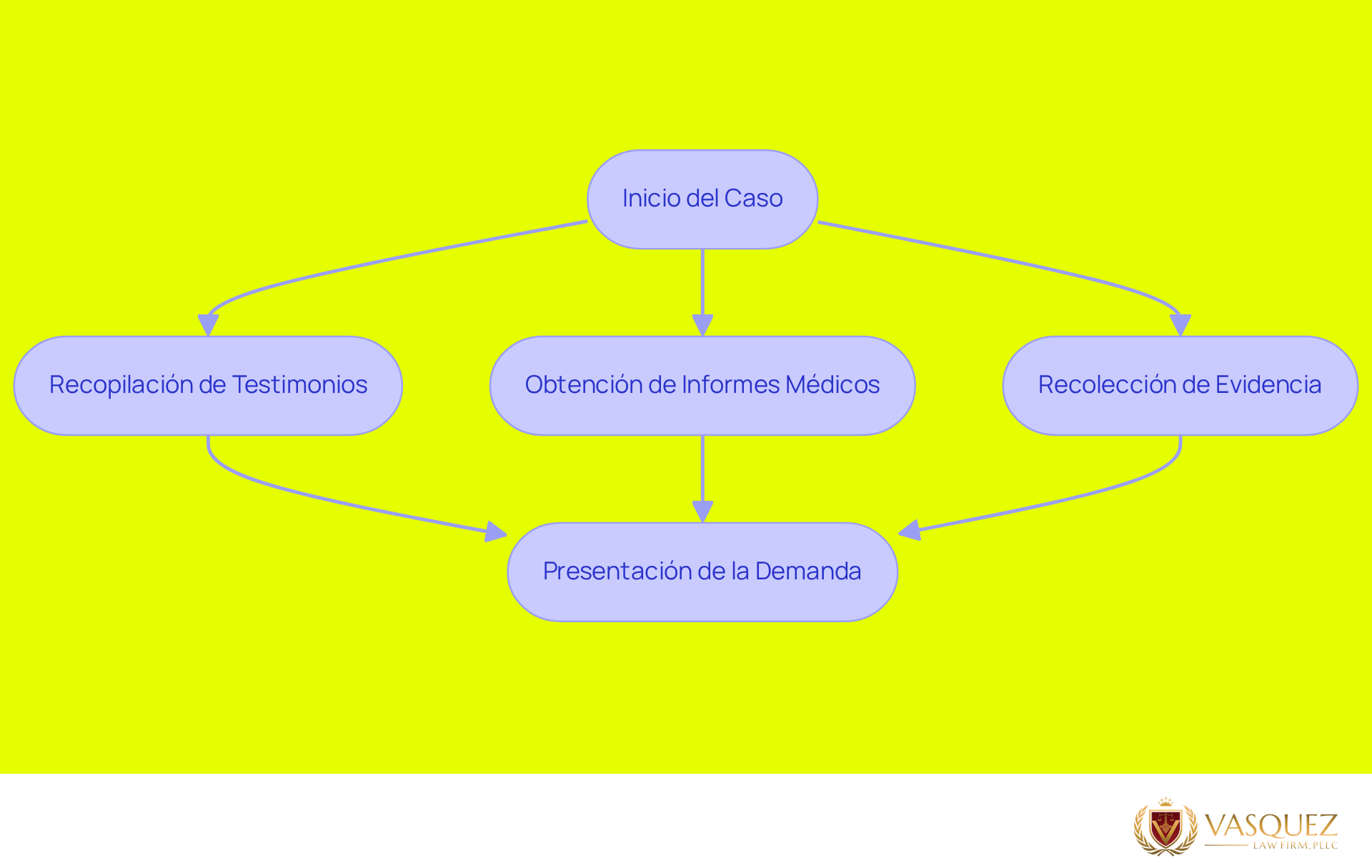 Cada cuadro representa un paso en el proceso de investigación. Sigue las flechas para ver cómo se avanza desde el inicio hasta la presentación de la demanda.