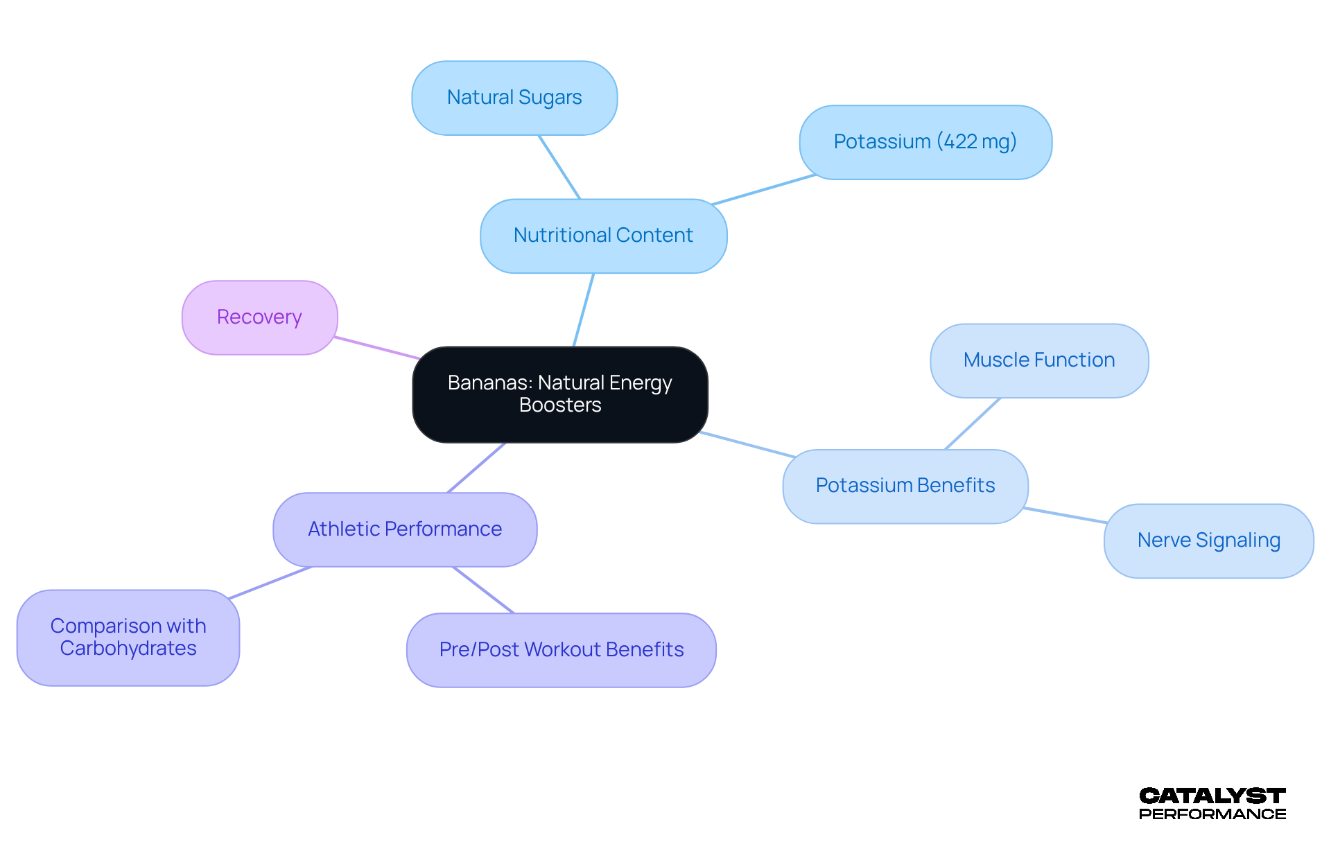 The central idea is bananas as energy boosters. Each branch represents a different aspect of their benefits, showing how they contribute to health and fitness. Follow the branches to explore the connections between nutrition, performance, and recovery.