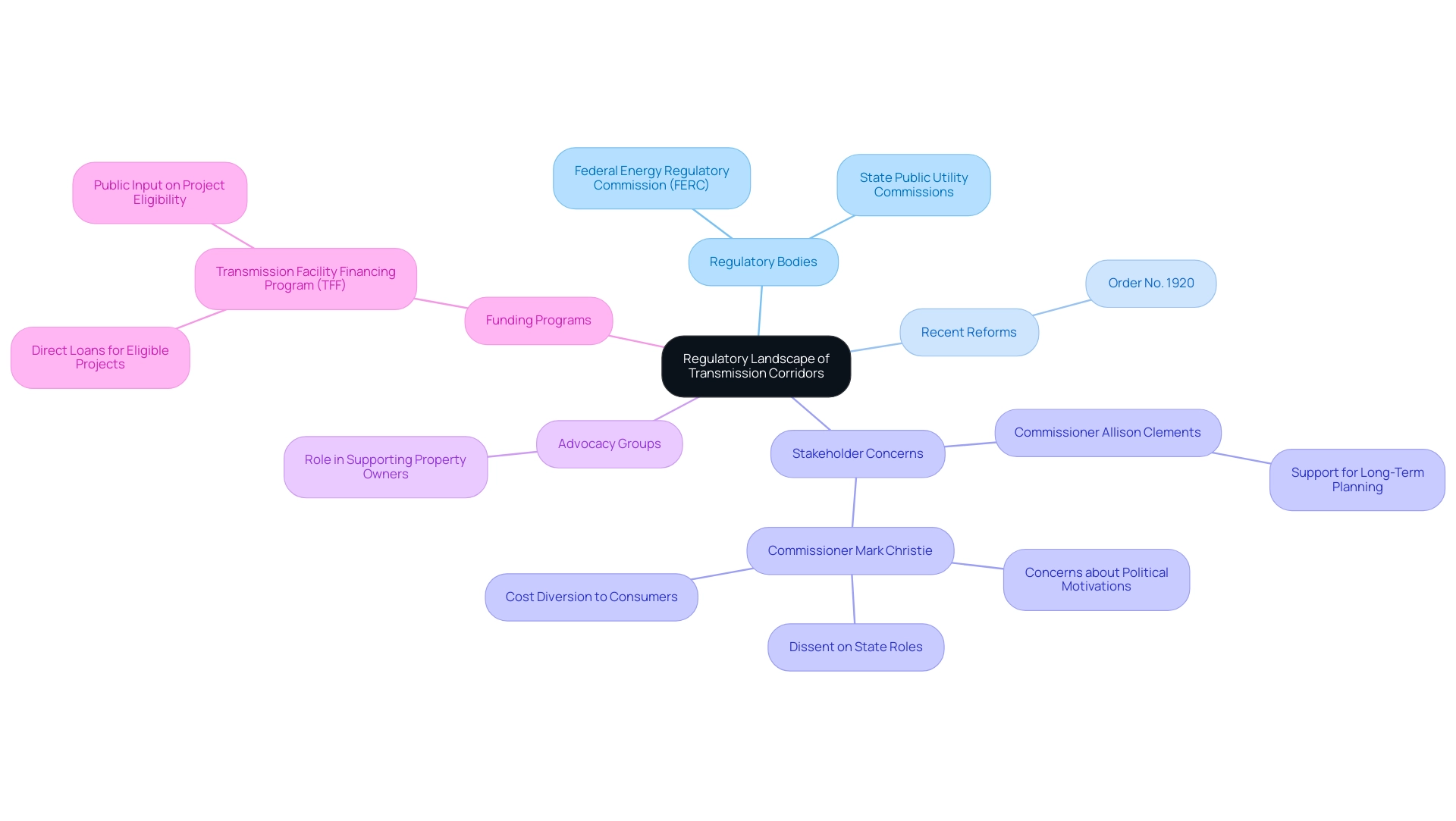 Each branch represents a key aspect of the regulatory framework, with colors indicating different categories (e.g., regulatory bodies, recent reforms, stakeholder concerns).