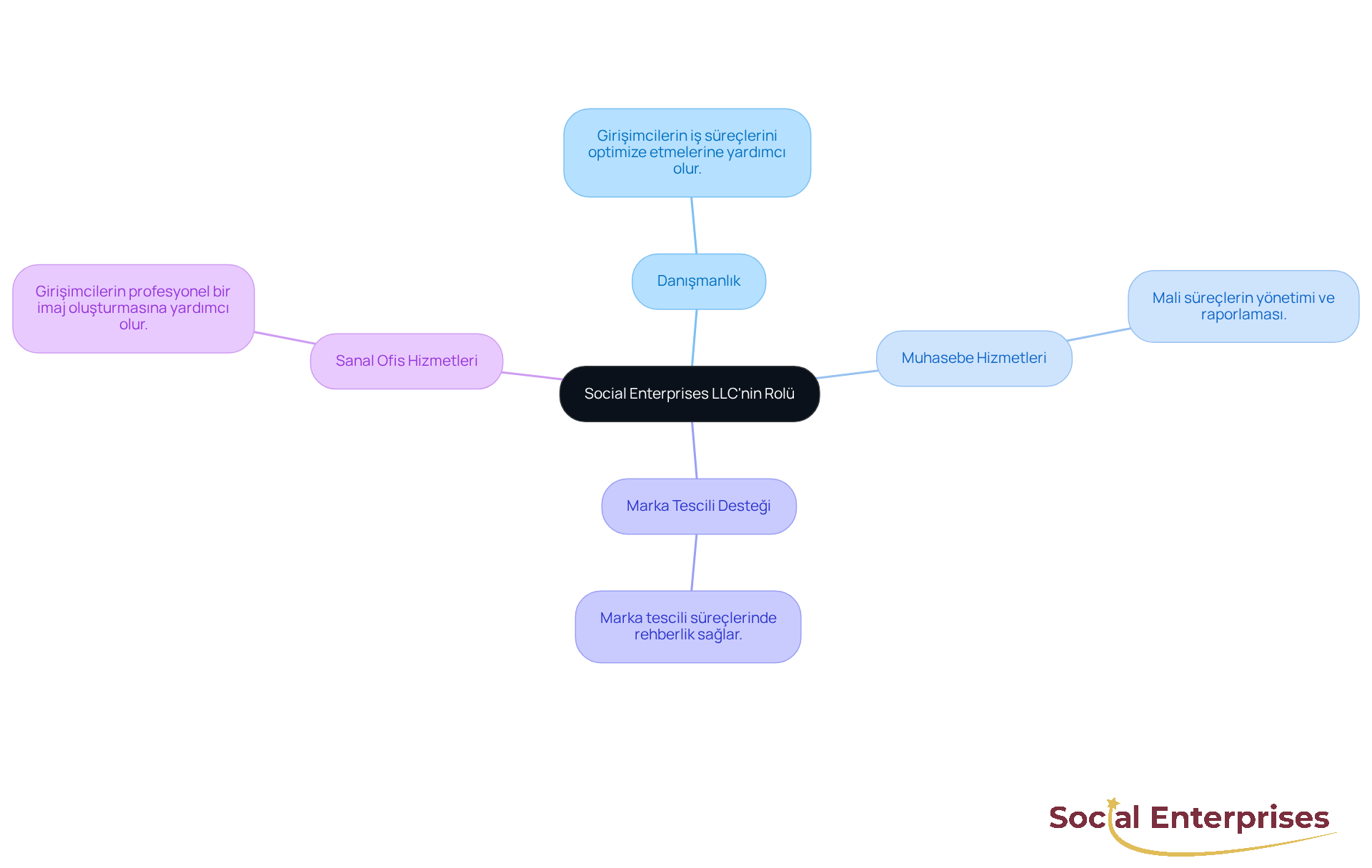 Orta düğümde Social Enterprises LLC'nin rolü, dallarda ise sunduğu temel hizmetler yer alıyor. Her dal, girişimcilerin iş süreçlerini nasıl desteklediğini gösteriyor. Orta düğümde Social Enterprises LLC'nin rolü, dallarda ise sunduğu temel hizmetler yer alıyor. Her dal, girişimcilerin iş süreçlerini nasıl desteklediğini gösteriyor.