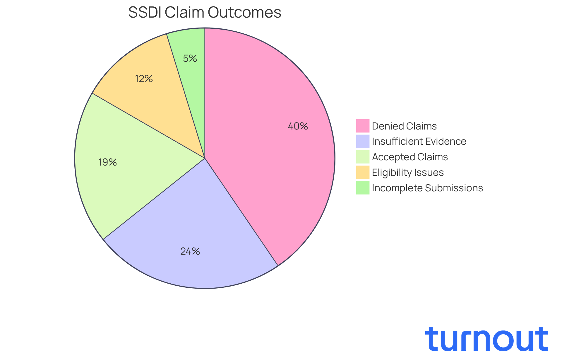 The larger red slice shows the percentage of claims that are denied, while the smaller green slice represents those that are accepted. Each reason for denial is a part of the red slice, indicating what common issues lead to rejection. The larger red slice shows the percentage of claims that are denied, while the smaller green slice represents those that are accepted. Each reason for denial is a part of the red slice, indicating what common issues lead to rejection.