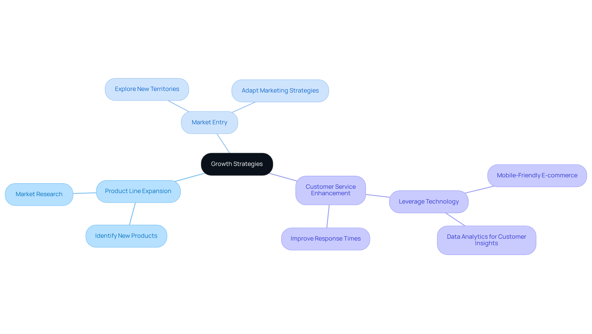 Start at the center with the main strategies, then follow the branches to see specific actions and considerations for each area of growth. Start at the center with the main strategies, then follow the branches to see specific actions and considerations for each area of growth.