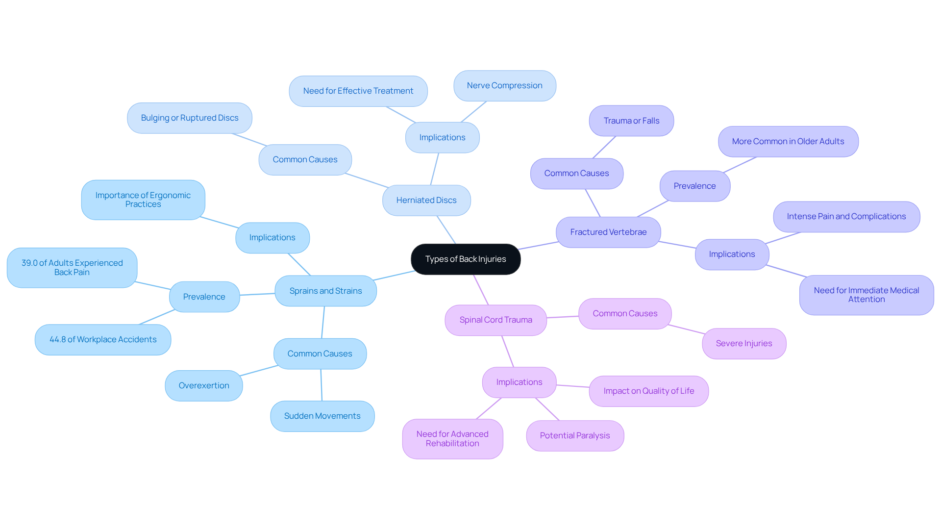 The central node represents the general topic of back injuries. Each branch shows a specific type of injury, and the sub-branches provide additional details about each type, such as common causes and effects. This layout helps you see how different injuries relate to the overall theme.