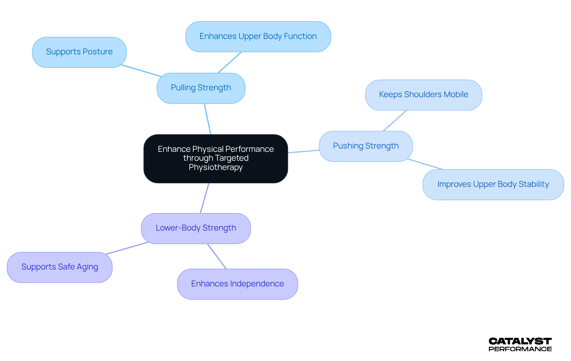 The center represents the main goal of improving physical performance, while the branches show different types of strength and how they contribute to your overall health and vitality.