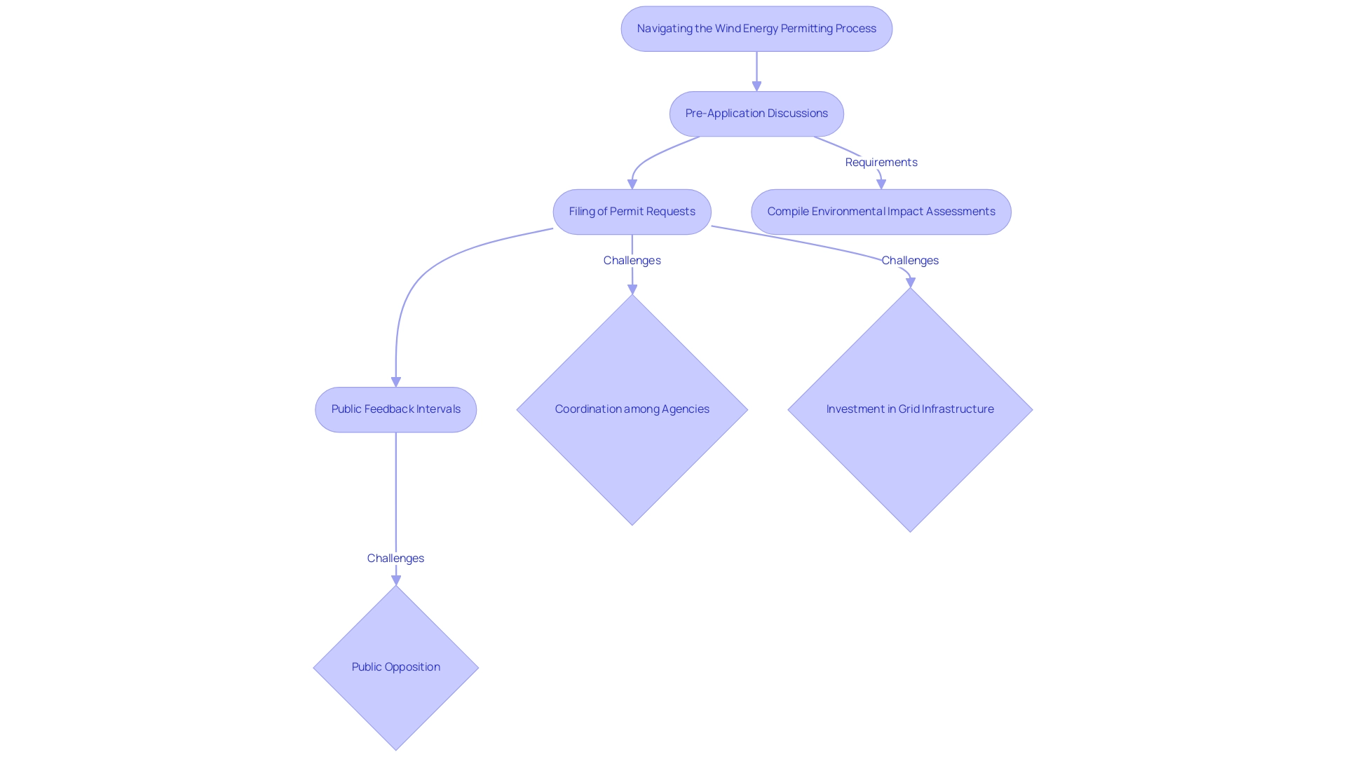 Blue boxes represent stages in the permitting process, while orange boxes indicate associated challenges. Arrows show the flow from one stage to the next.