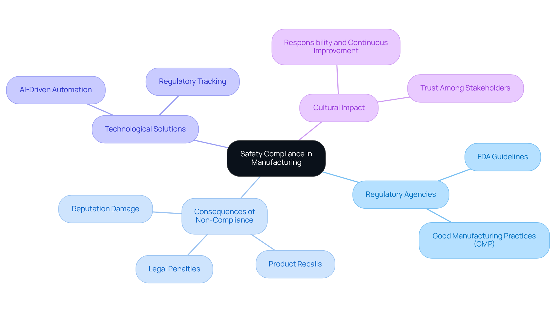 The central node represents the main topic of safety compliance, with branches showing related areas. Each branch highlights important aspects, helping you understand how they connect to the overall theme. The central node represents the main topic of safety compliance, with branches showing related areas. Each branch highlights important aspects, helping you understand how they connect to the overall theme.