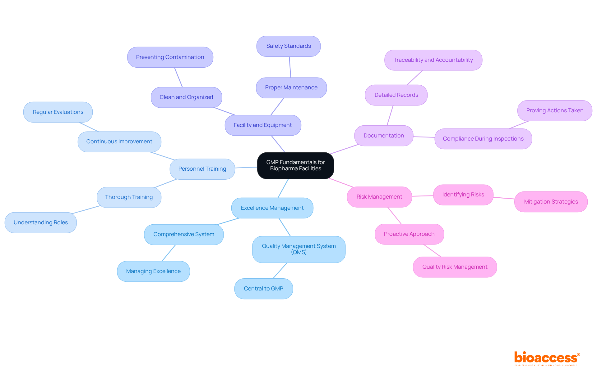 The central node represents the core concept of GMP fundamentals. Each branch shows a key principle, with further details or quotes that explain its importance. This layout helps you see how each principle contributes to the overall goal of compliance and operational efficiency.