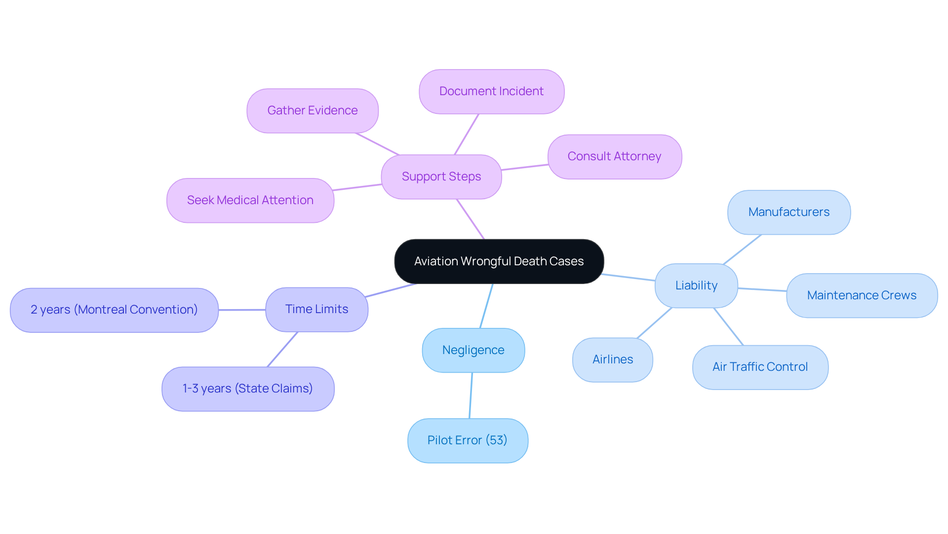 This mindmap helps you see the key concepts related to aviation wrongful death cases. Start at the center with the main topic, then follow the branches to explore important areas like negligence, who might be liable, the time limits for claims, and steps to take for support. Each branch represents a crucial part of navigating this complex legal landscape.