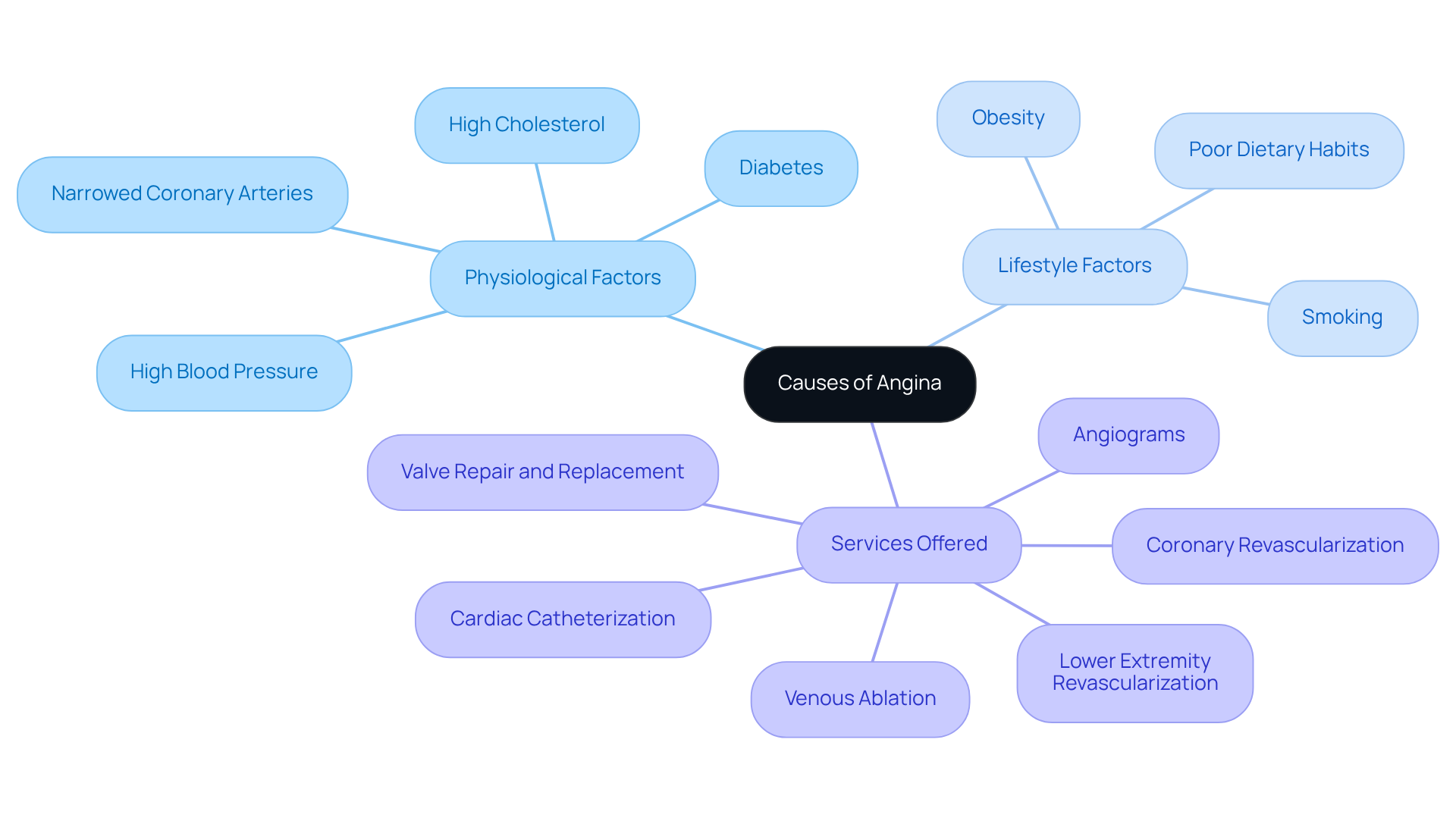 This mindmap starts with the main topic of angina and branches out into its causes and related services. Each branch represents a different aspect of heart health, helping you see how various factors contribute to angina and what services can help manage it.