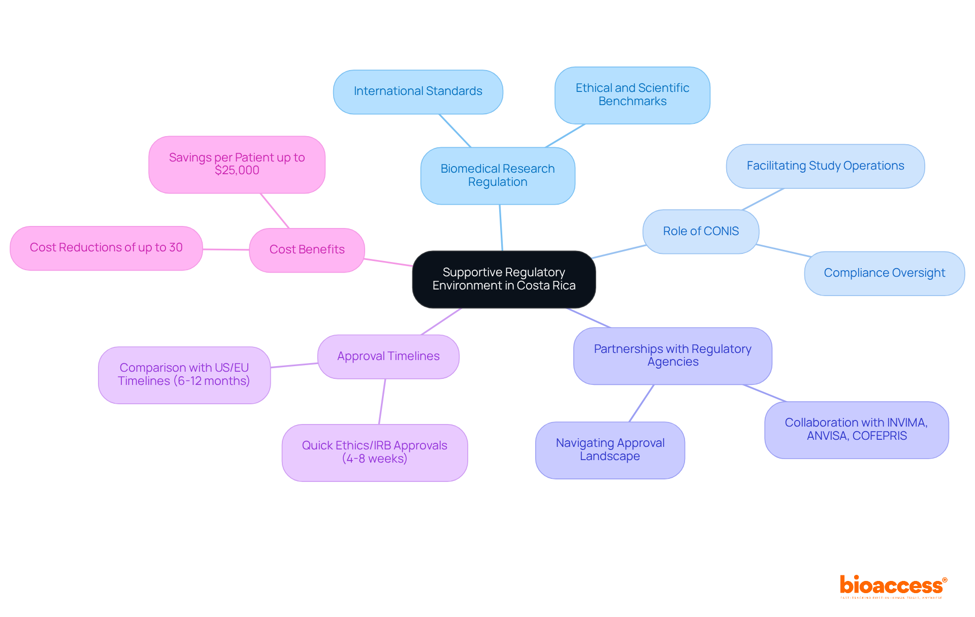 The central node represents the overall supportive environment, while the branches illustrate key components that contribute to Costa Rica's leadership in clinical research. Each branch provides insights into specific aspects, making it easy to understand how they interconnect and support the regulatory landscape. The central node represents the overall supportive environment, while the branches illustrate key components that contribute to Costa Rica's leadership in clinical research. Each branch provides insights into specific aspects, making it easy to understand how they interconnect and support the regulatory landscape.