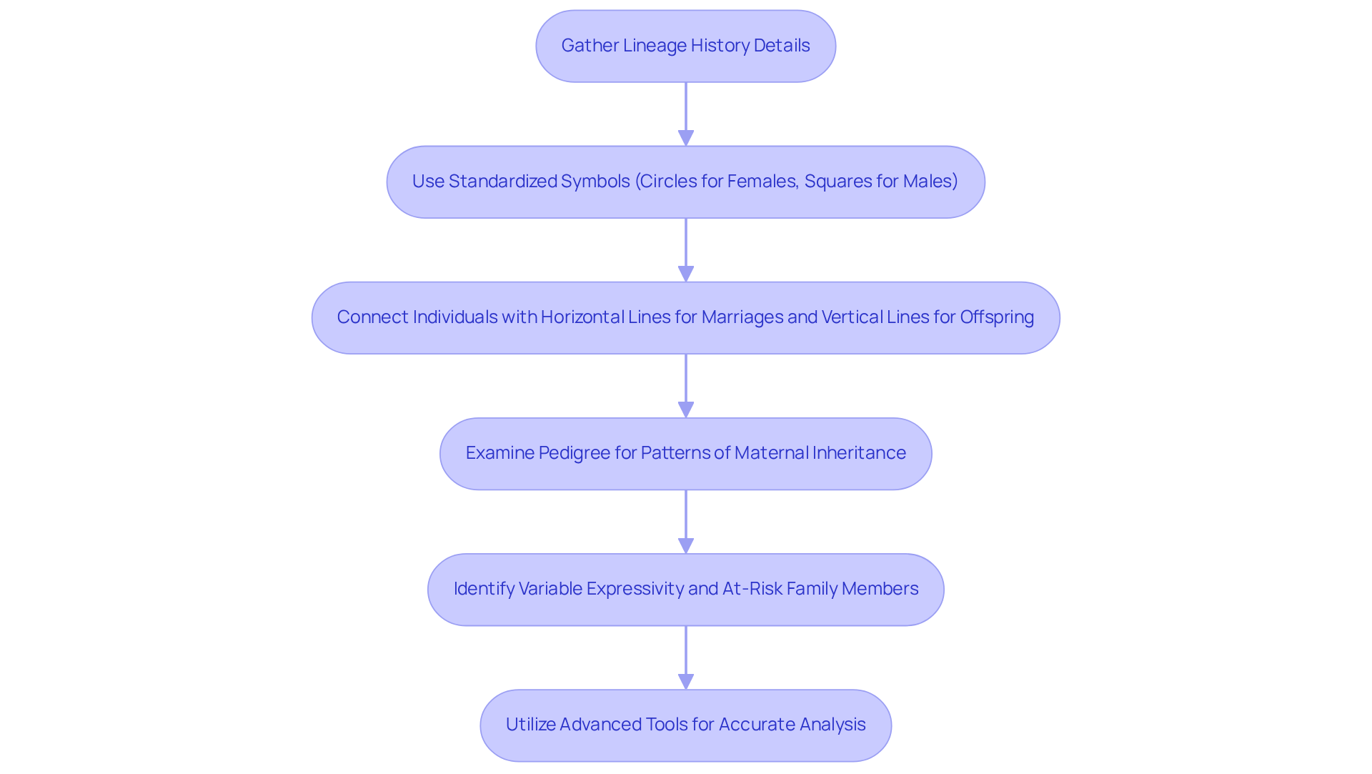 Each box represents a step in the process of creating and analyzing mitochondrial pedigrees. Follow the arrows to see how each step connects to the next, guiding you through the entire procedure.