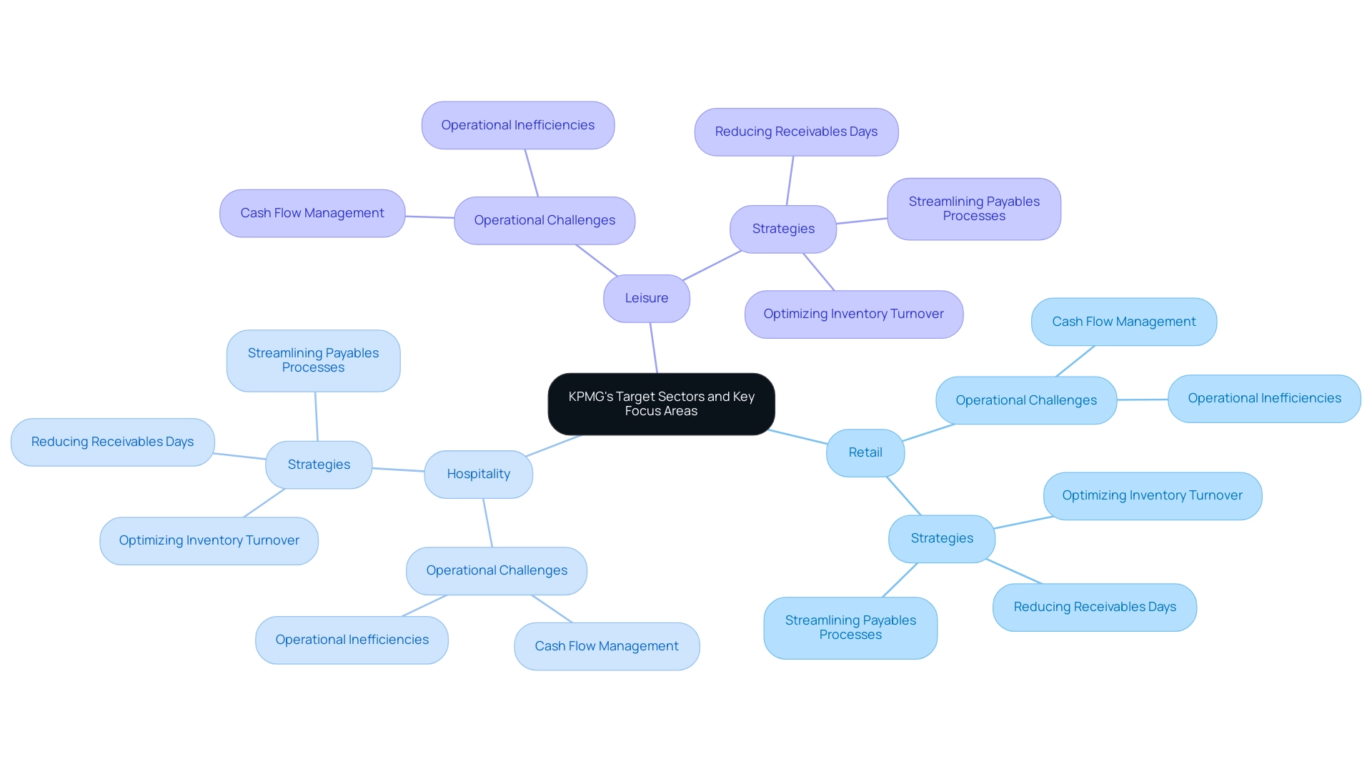 The central node represents KPMG, with branches for each target sector and further sub-branches for challenges and strategies.