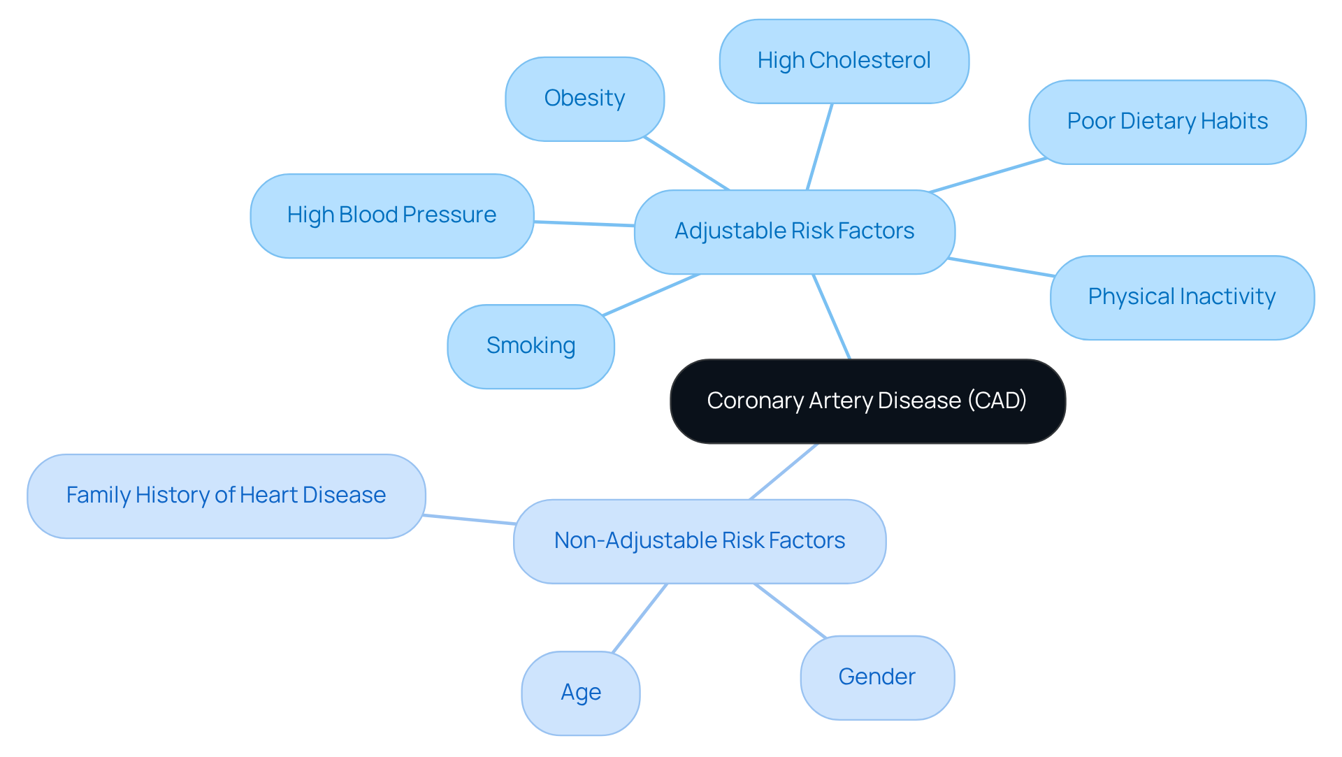 This mindmap starts with the central idea of coronary artery disease and branches out into two main categories of risk factors. The adjustable factors are things you can change to lower your risk, while the non-adjustable factors are inherent to you and cannot be changed. Follow the branches to see how each factor contributes to heart health.