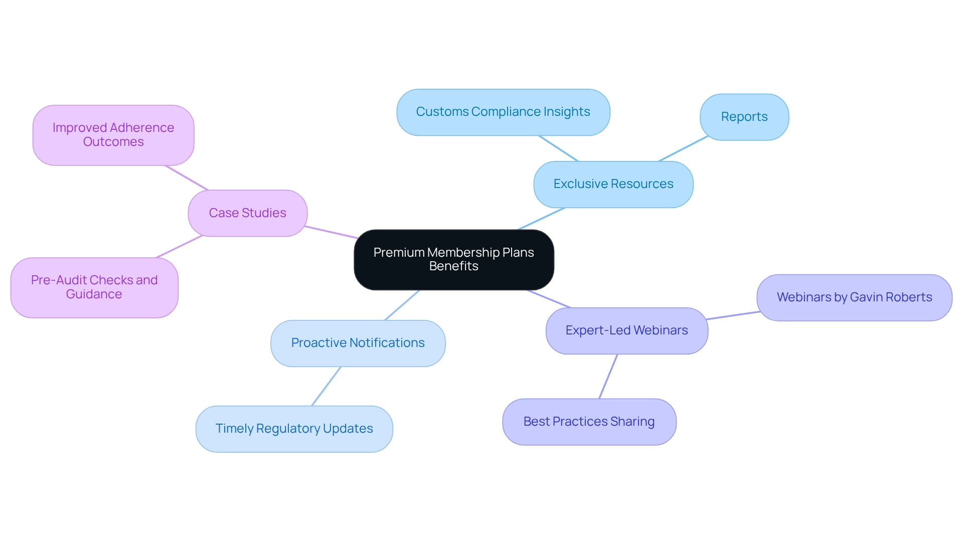 The central node represents the overall benefits of premium membership plans, with branches showing specific categories and their corresponding features.