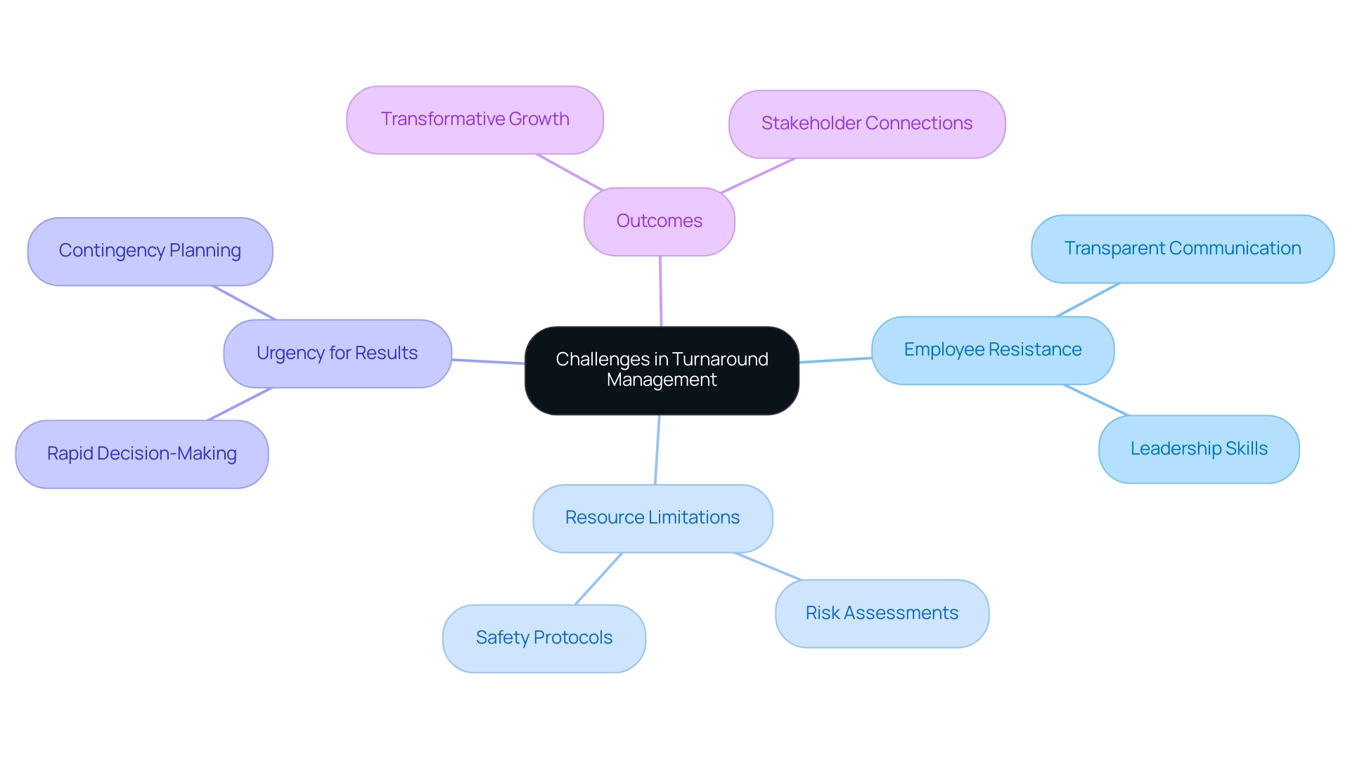 The central node represents the main topic, with branches showing challenges and strategies, and sub-branches detailing specific actions and outcomes.