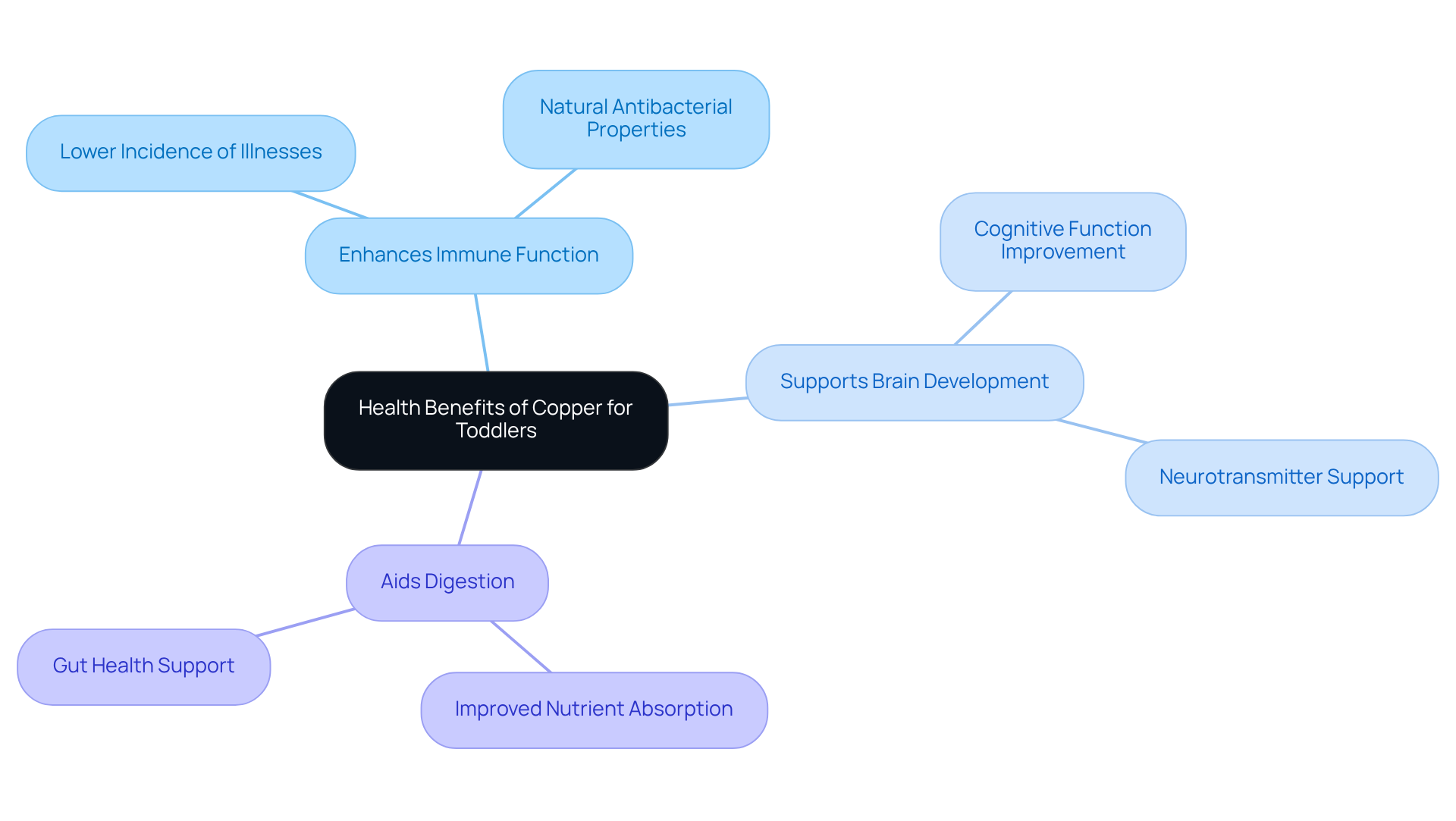 The center shows the main topic, and the branches illustrate the specific benefits of copper. Each sub-branch provides more detail on how these benefits can be realized, making it easy to understand the importance of copper in your child's diet.