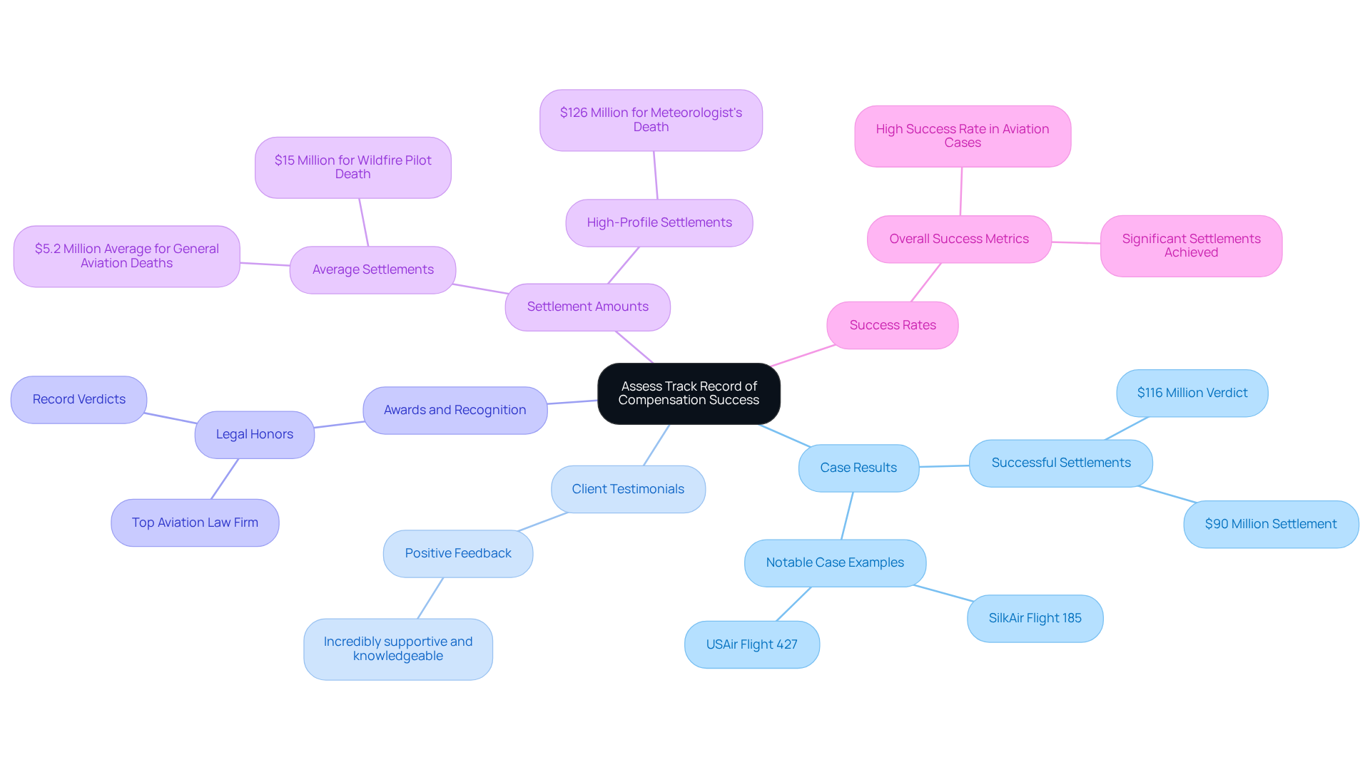 The center represents the main focus of assessing an attorney's track record, while the branches show different criteria to consider. Each sub-branch provides specific insights or examples to help you understand what to look for.