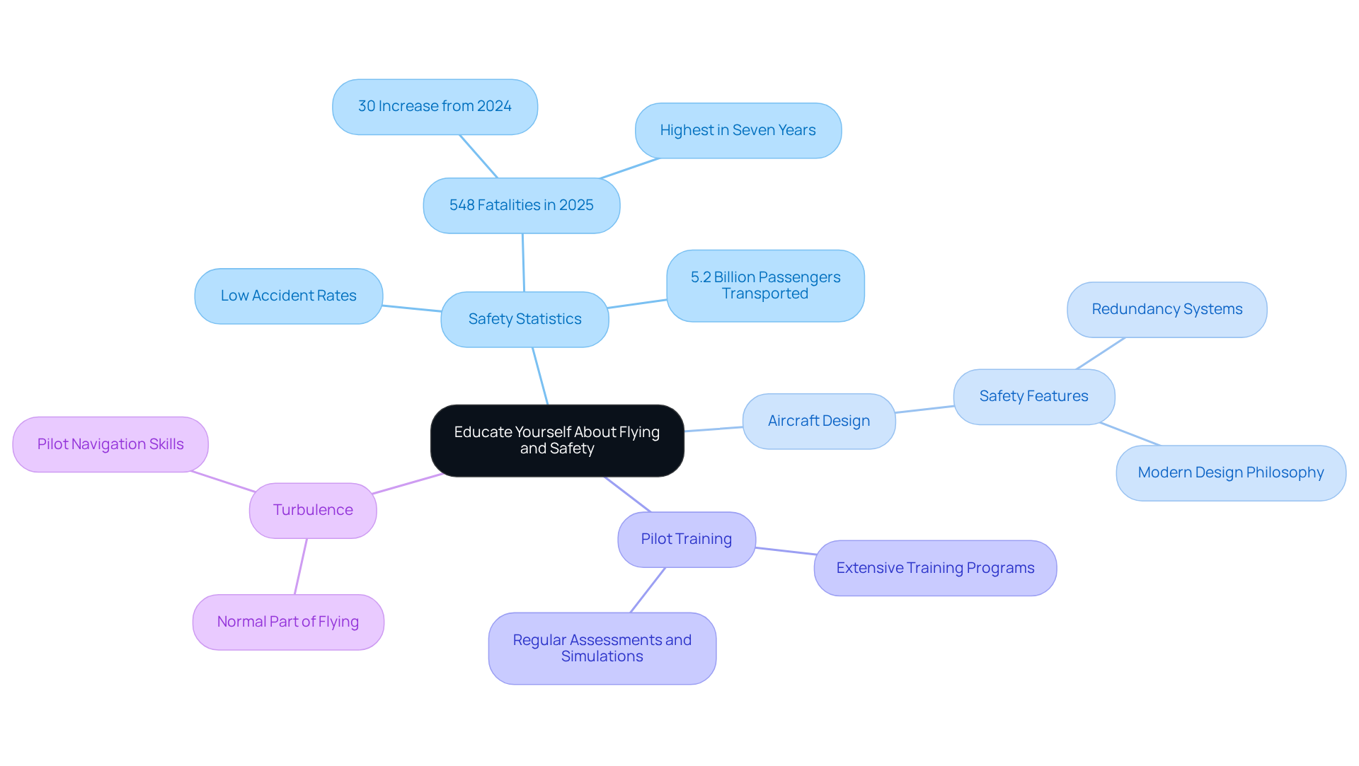 The central node represents the main theme of education about flying. Each branch highlights a key aspect of aviation safety, with further details provided in the sub-branches to help clarify and ease concerns.