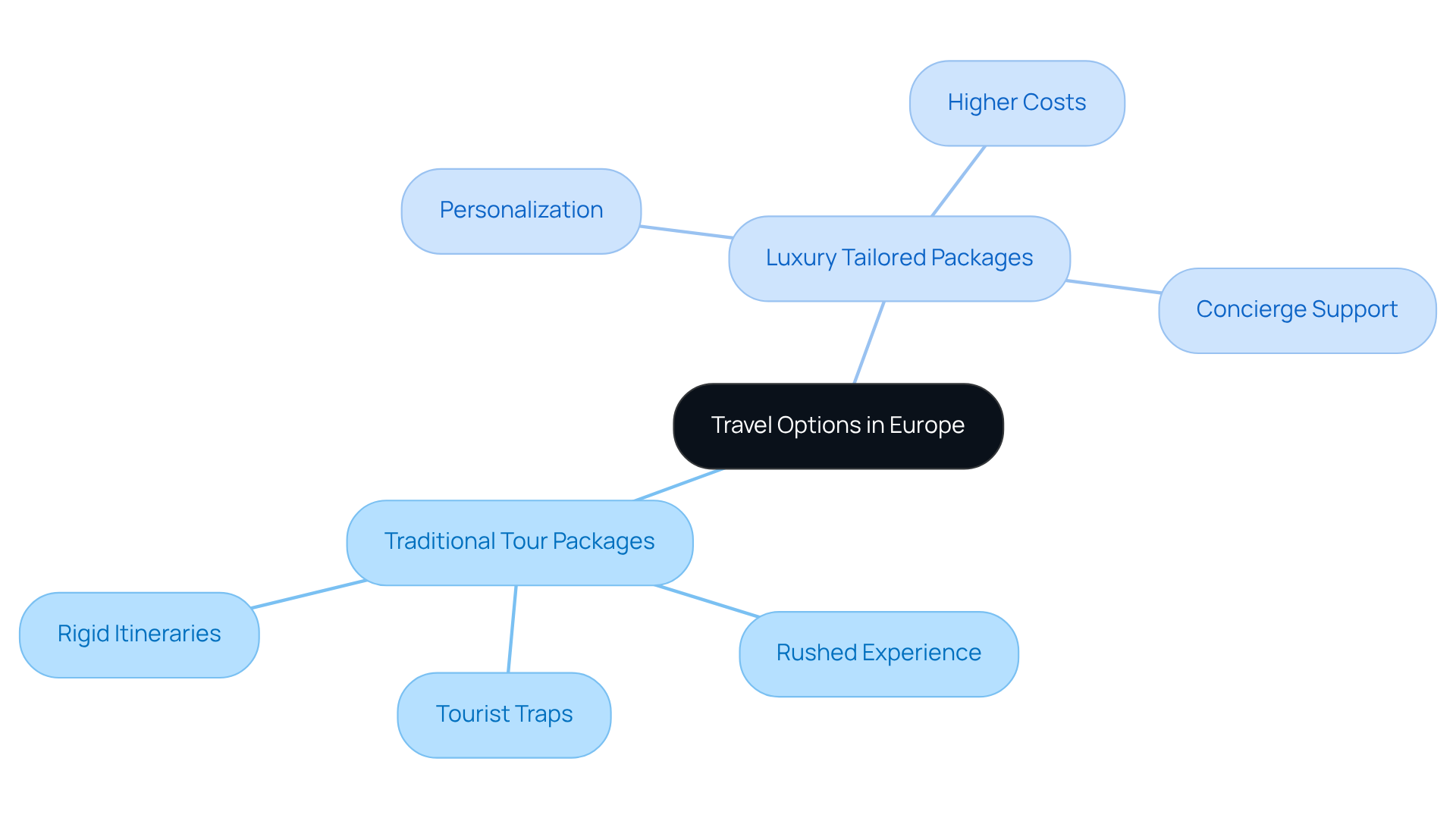 The central node represents the main topic of travel options. Each branch shows different types of travel experiences, with sub-branches detailing their specific drawbacks or benefits. This helps you understand the trade-offs involved in choosing your travel style.