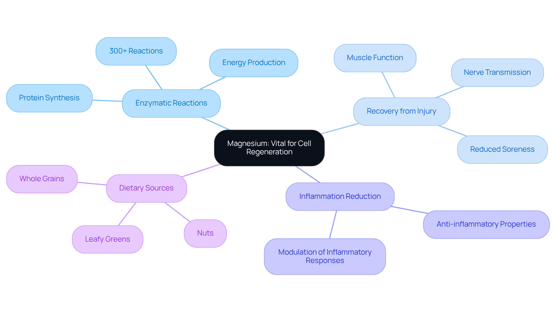 The central node represents magnesium's importance, while the branches show its various roles in healing. Each sub-branch provides specific details or examples, helping you understand how magnesium supports recovery and overall wellness.