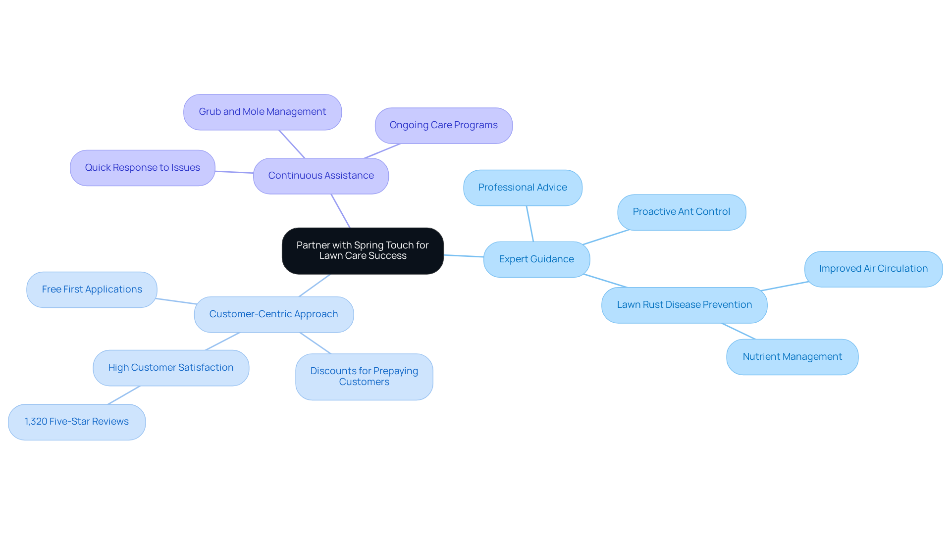 The central node represents the main idea of partnering with Spring Touch, while the branches show the key benefits. Each sub-branch provides more detail about what makes Spring Touch a valuable partner for lawn care.