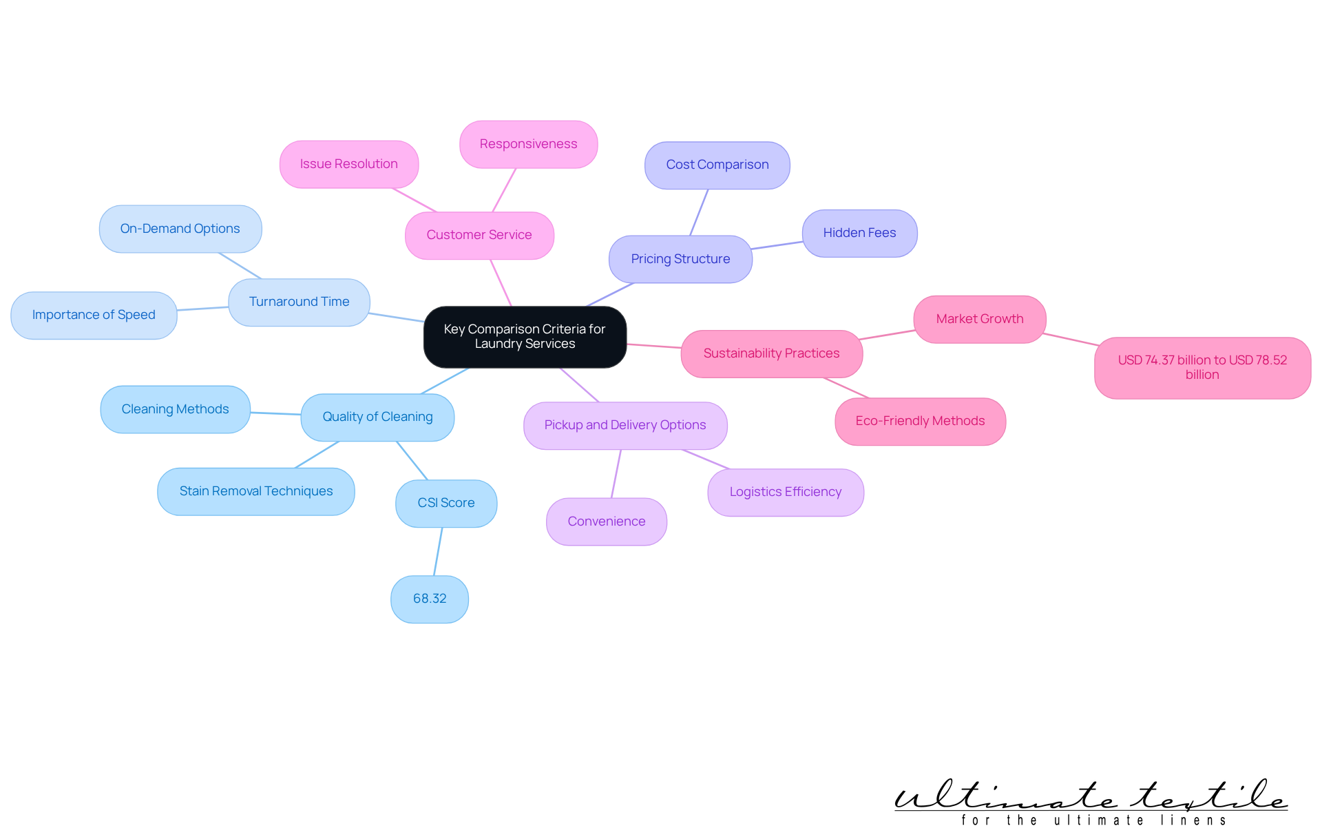The central node represents the main topic, while each branch highlights a critical factor to consider when choosing laundry services. Sub-branches provide additional details or statistics related to each criterion.