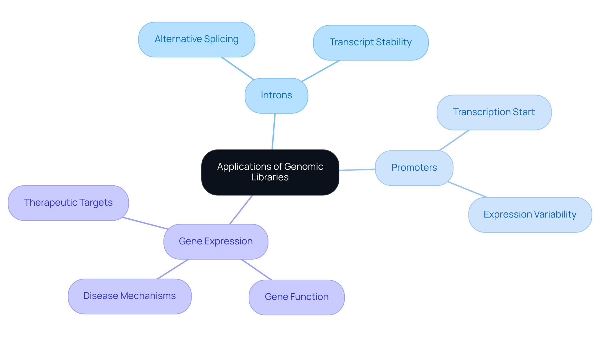 This mindmap shows how different elements of genomic libraries relate to gene expression. Start at the center with the main topic, then follow the branches to see how introns and promoters influence gene activity and what that means for understanding diseases and developing therapies.