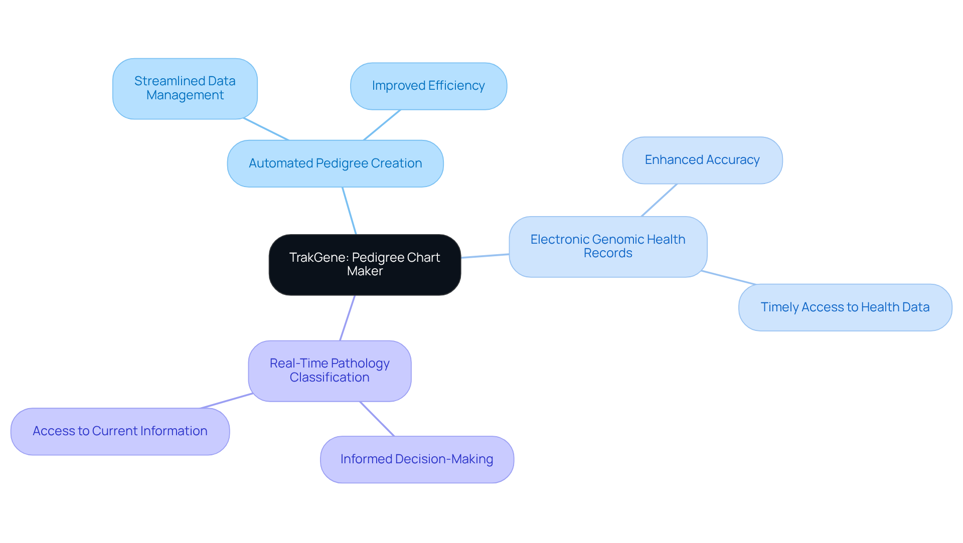 This mindmap illustrates how TrakGene's pedigree chart maker works. Start at the center with the main tool, then explore the branches to see its features and how they improve hereditary assessments. Each branch represents a key aspect of the tool, showing how they all connect to enhance patient care.