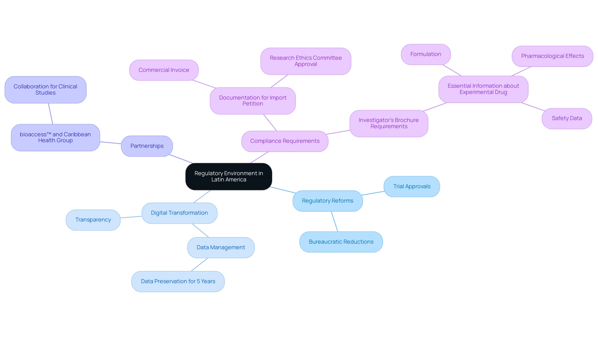 Each branch represents a major theme in the regulatory landscape, with sub-branches providing detailed aspects and examples related to that theme.