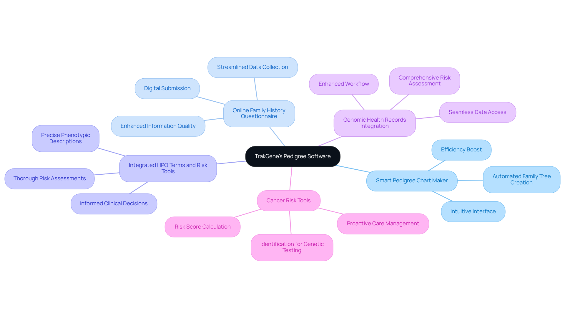 The central node represents the software, and each branch shows a key feature. Follow the branches to explore how each feature enhances usability and effectiveness in clinical environments.