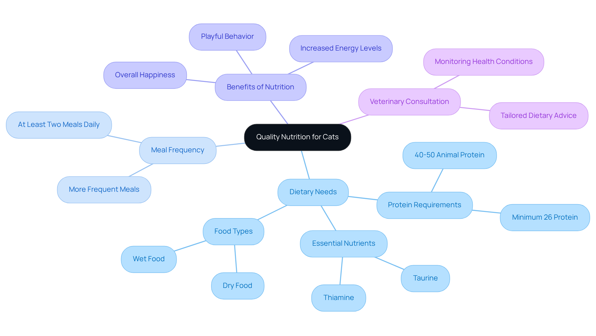 The central idea is about providing quality nutrition for cats. Each branch represents a key area, showing the dietary needs, how often to feed your cat, the benefits of good nutrition, and the importance of consulting a veterinarian.