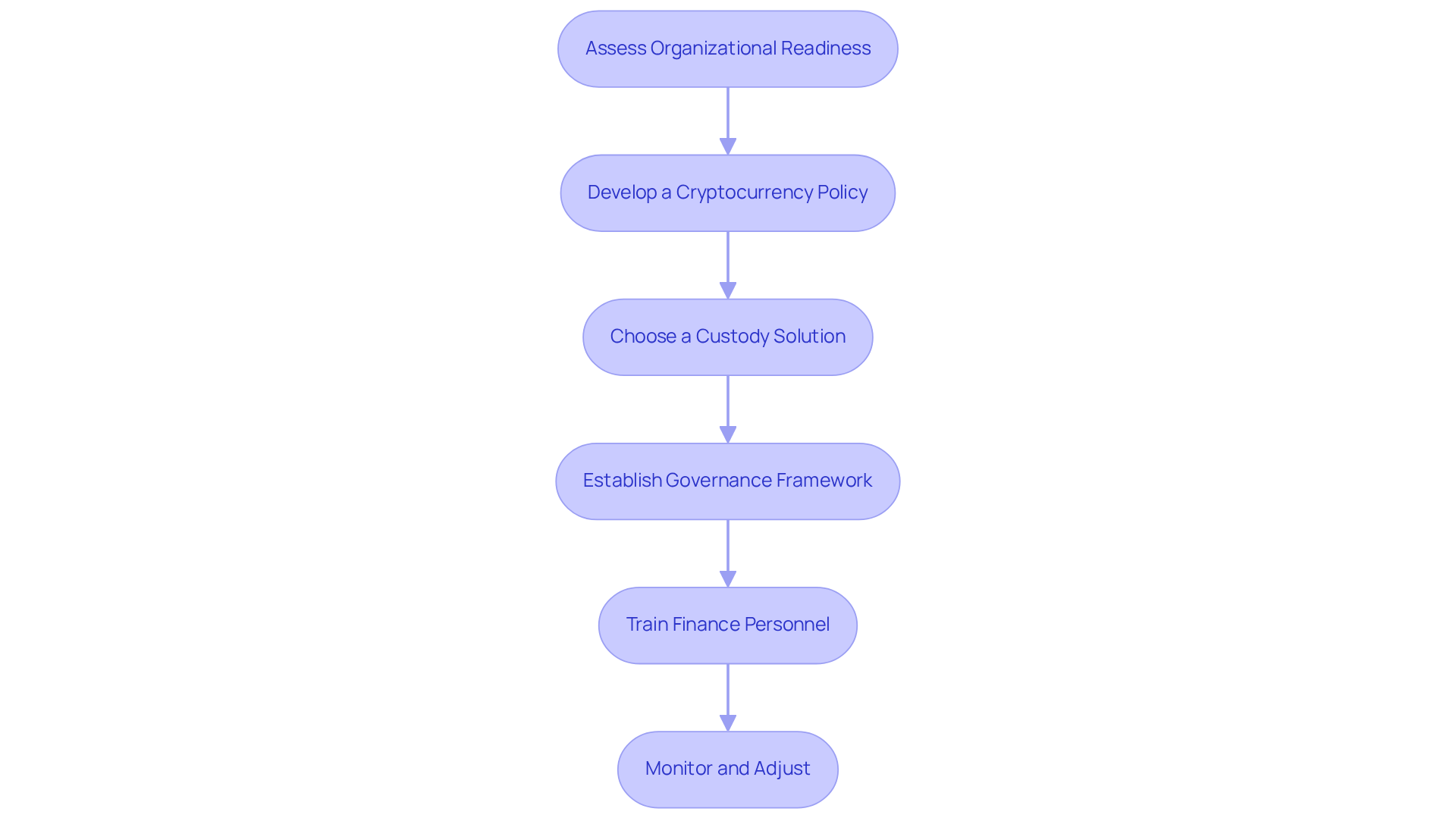 Each box represents a crucial step in the process of integrating Bitcoin into treasury operations. Follow the arrows to see how each step leads to the next, ensuring a structured approach to implementation.