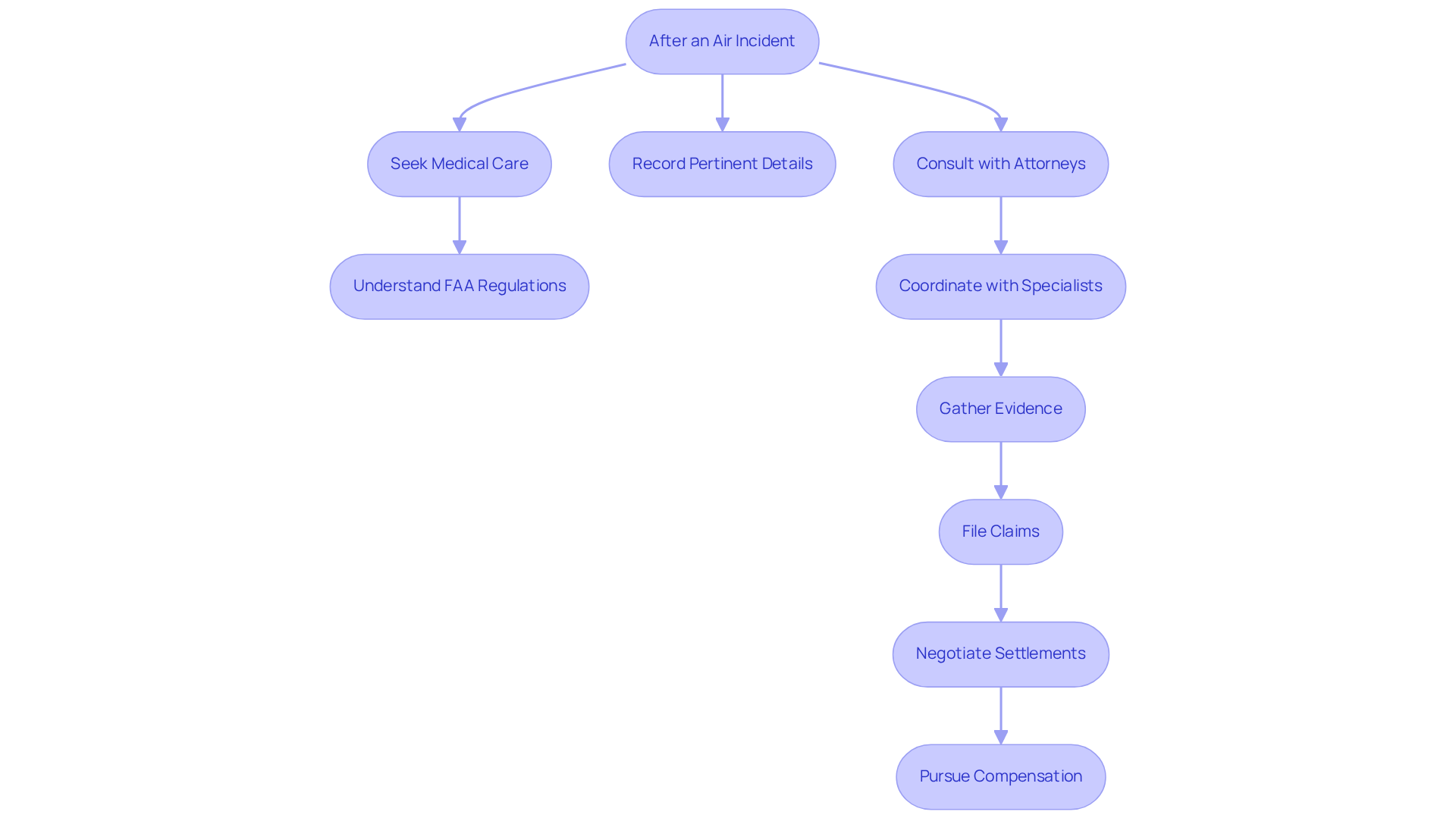 This flowchart guides victims through the essential steps to take after an aviation incident. Start at the top and follow the arrows to see what actions to take and how they connect to legal processes and support.