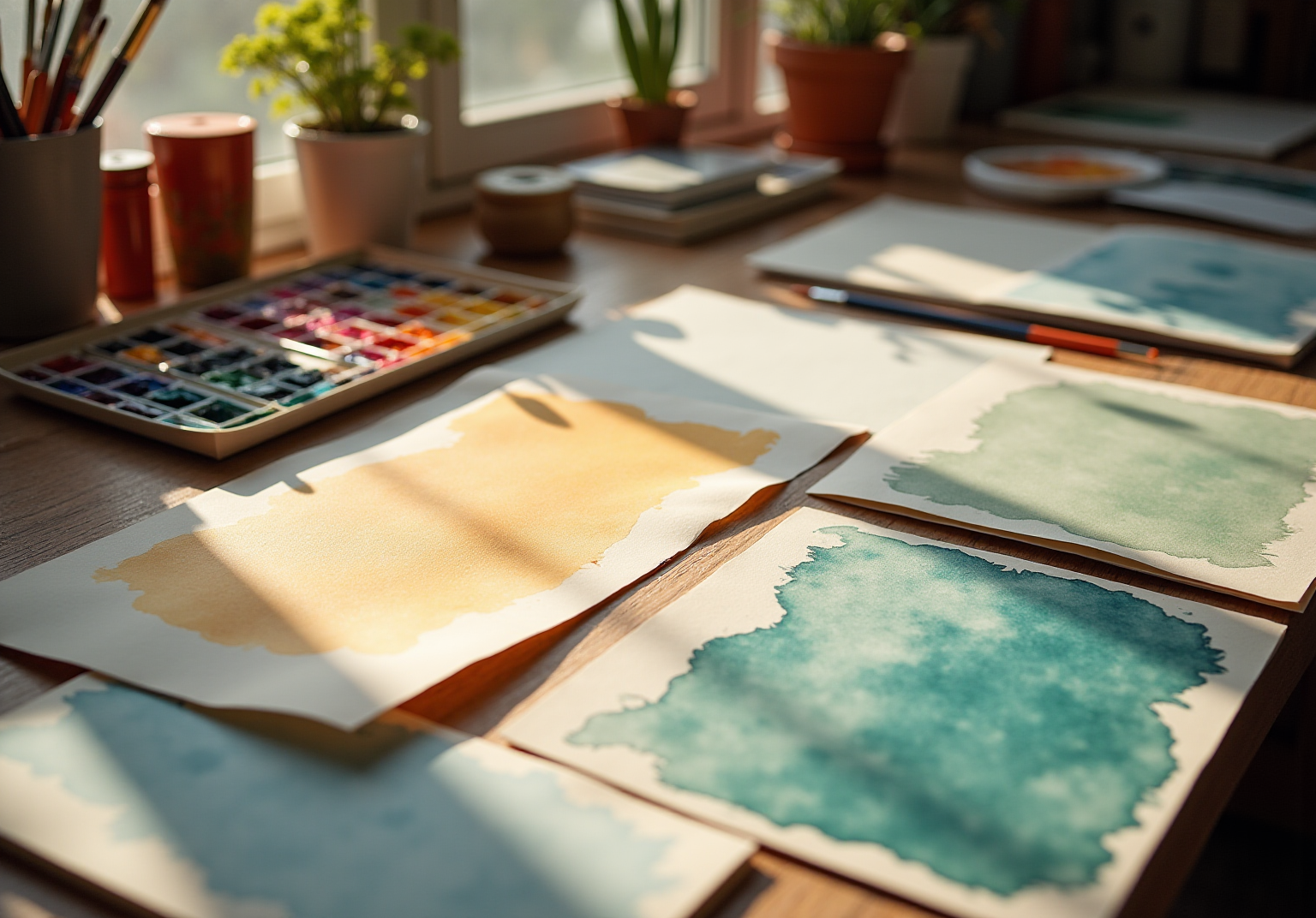 Artist's Workspace with Watercolor Papers Artist's Workspace with Watercolor Papers
