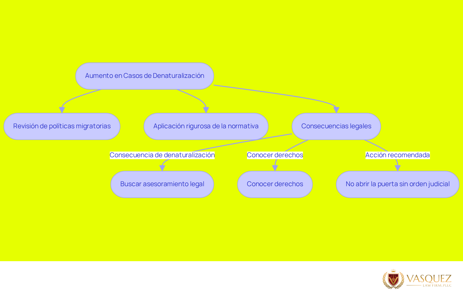 Este diagrama muestra los pasos y decisiones que enfrentan los inmigrantes en el proceso de denaturalización. Sigue las flechas para entender cómo se desarrollan las situaciones y qué acciones deben tomar.