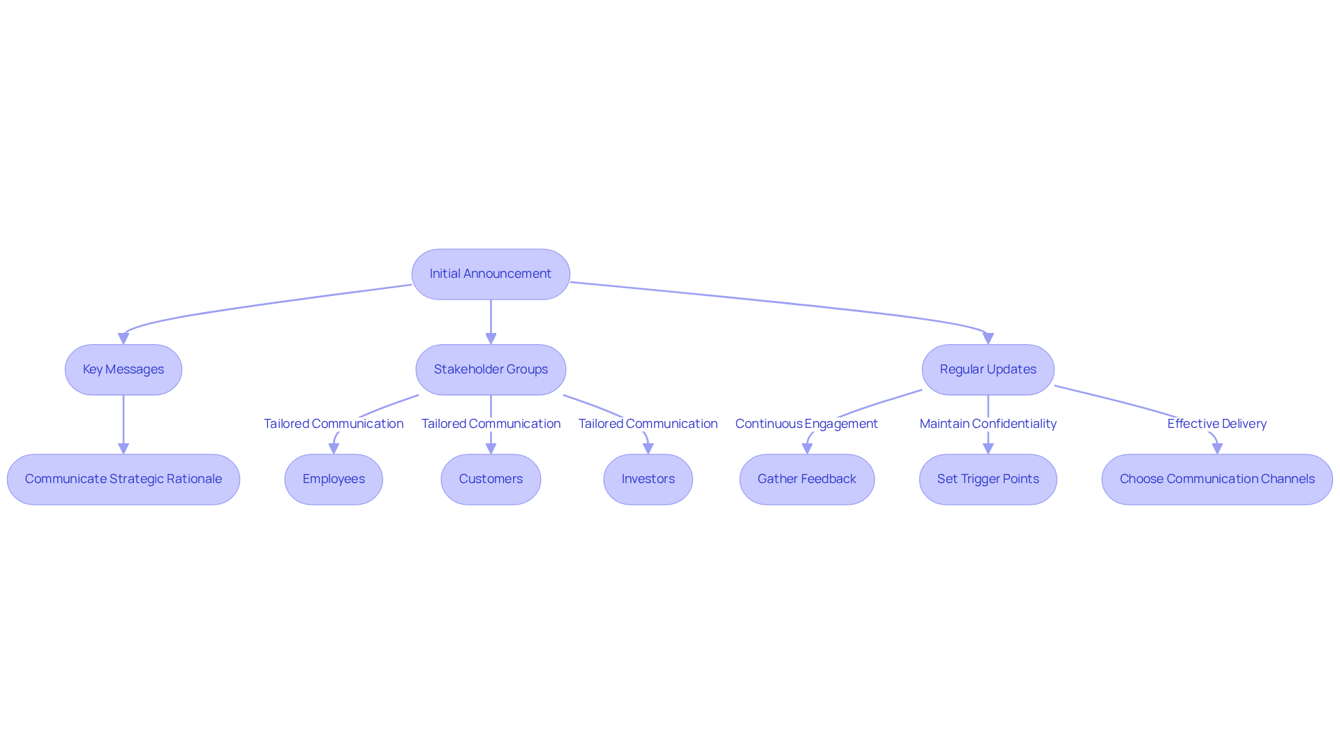 This flowchart illustrates the steps in a comprehensive communication plan during mergers and acquisitions. Start with the initial announcement and follow the arrows to see how key messages are tailored for different stakeholders and how regular updates keep everyone informed.
