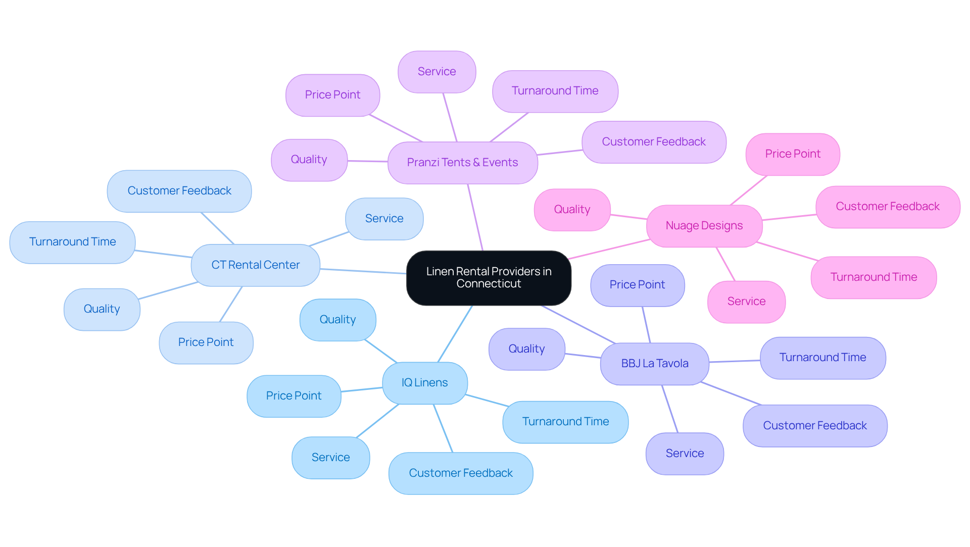 The central node represents the overall topic, while each branch shows a different provider. Sub-branches highlight specific qualities and feedback, helping you compare options easily.