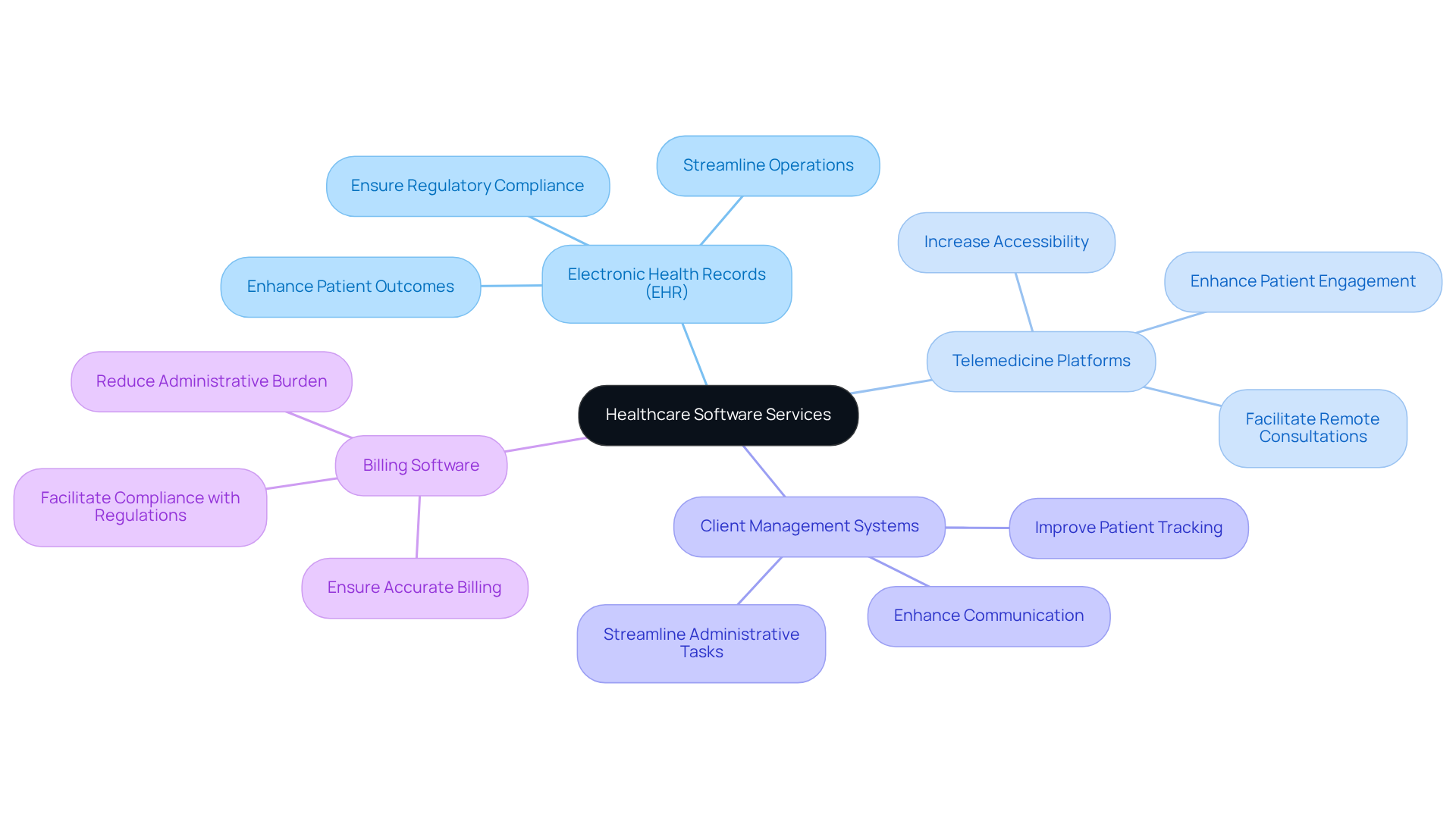 This mindmap starts with the main topic of healthcare software services at the center. Each branch represents a different type of software, and the sub-branches explain why these services are important. Follow the branches to see how each type contributes to improving healthcare delivery.