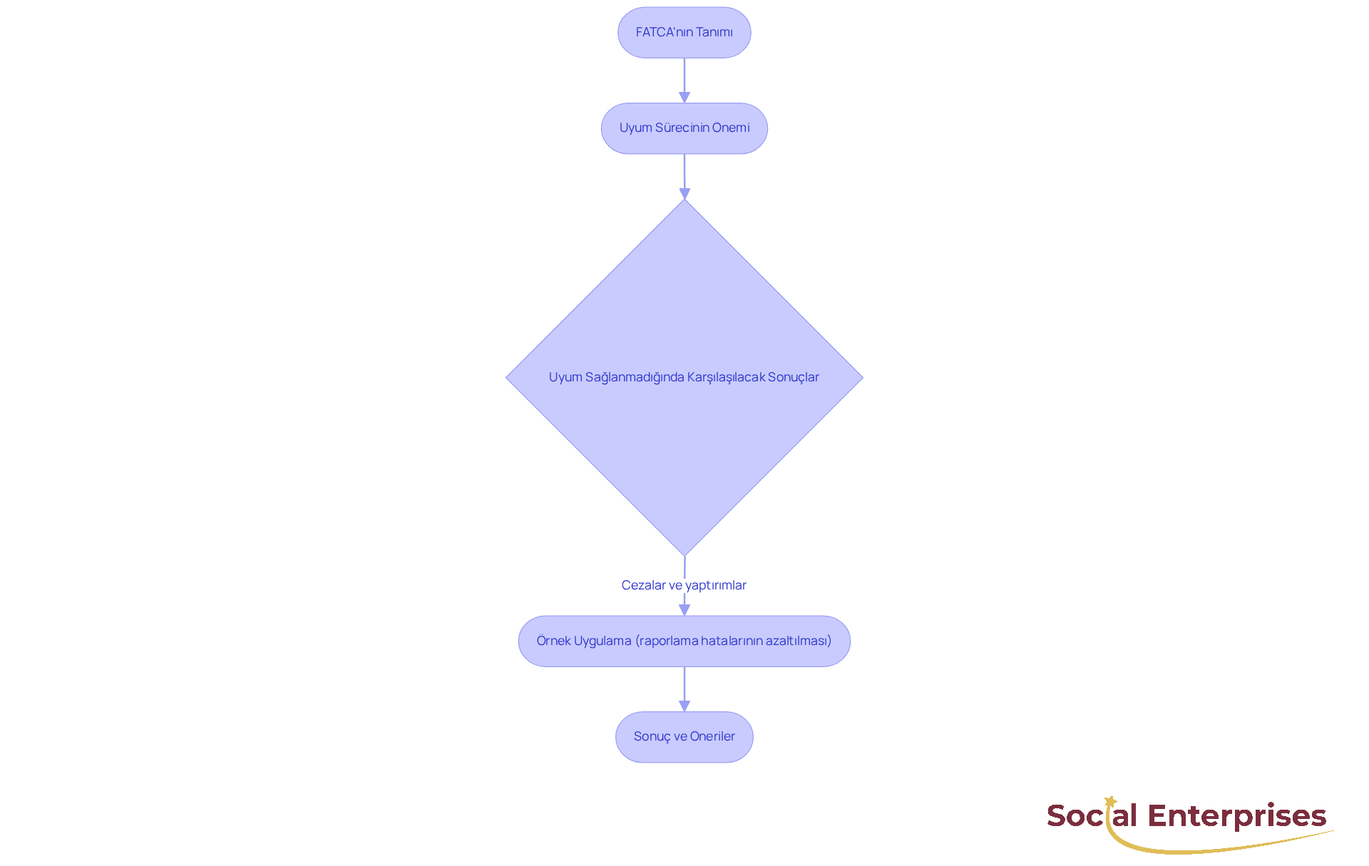 Diyagramda her kutu, FATCA uyum sürecinin bir aşamasını temsil eder. Oklar, bu aşamaların nasıl bir sırayla takip edilmesi gerektiğini gösterir. Her aşamanın yanındaki açıklamalar, o adımın neden önemli olduğunu anlamanıza yardımcı olacaktır.