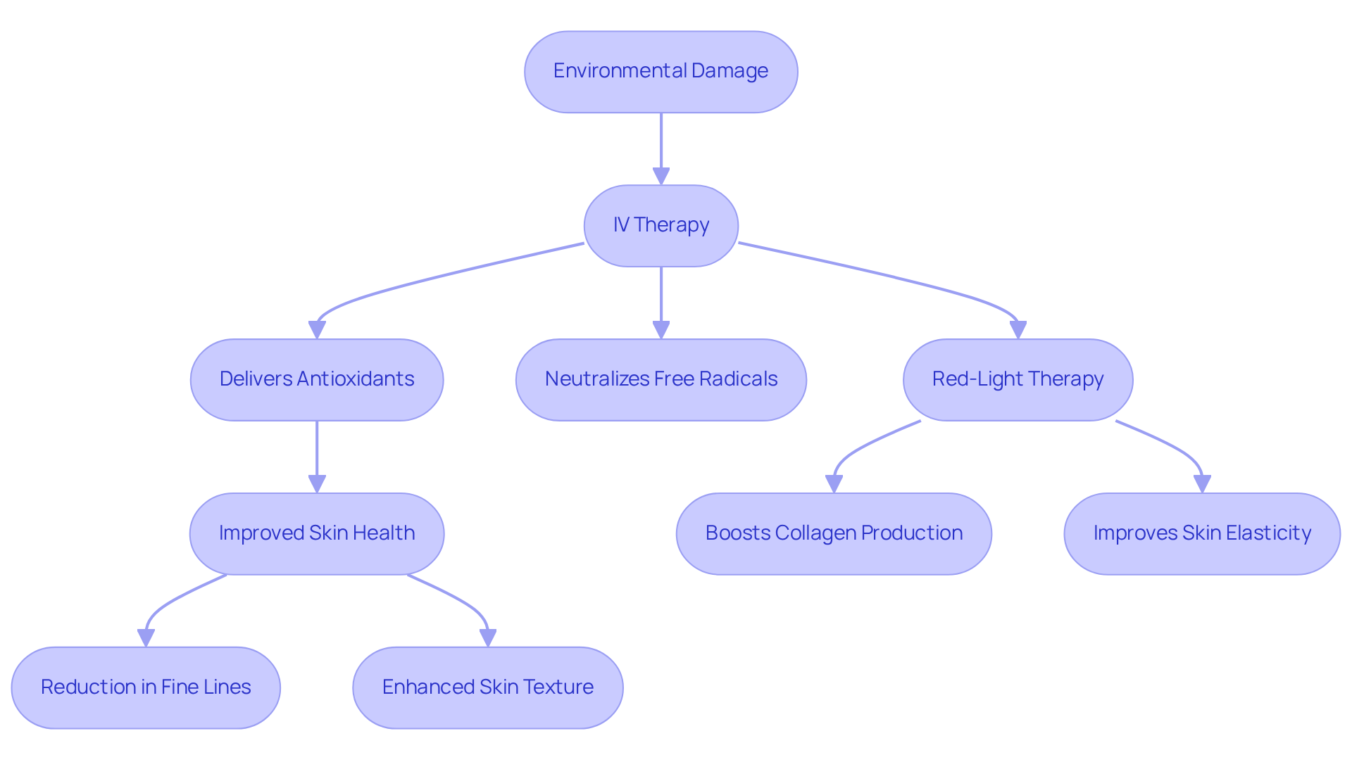 This flowchart shows how environmental damage leads to the need for treatments. Follow the arrows to see how IV therapy and Red-Light therapy work together to improve skin health.